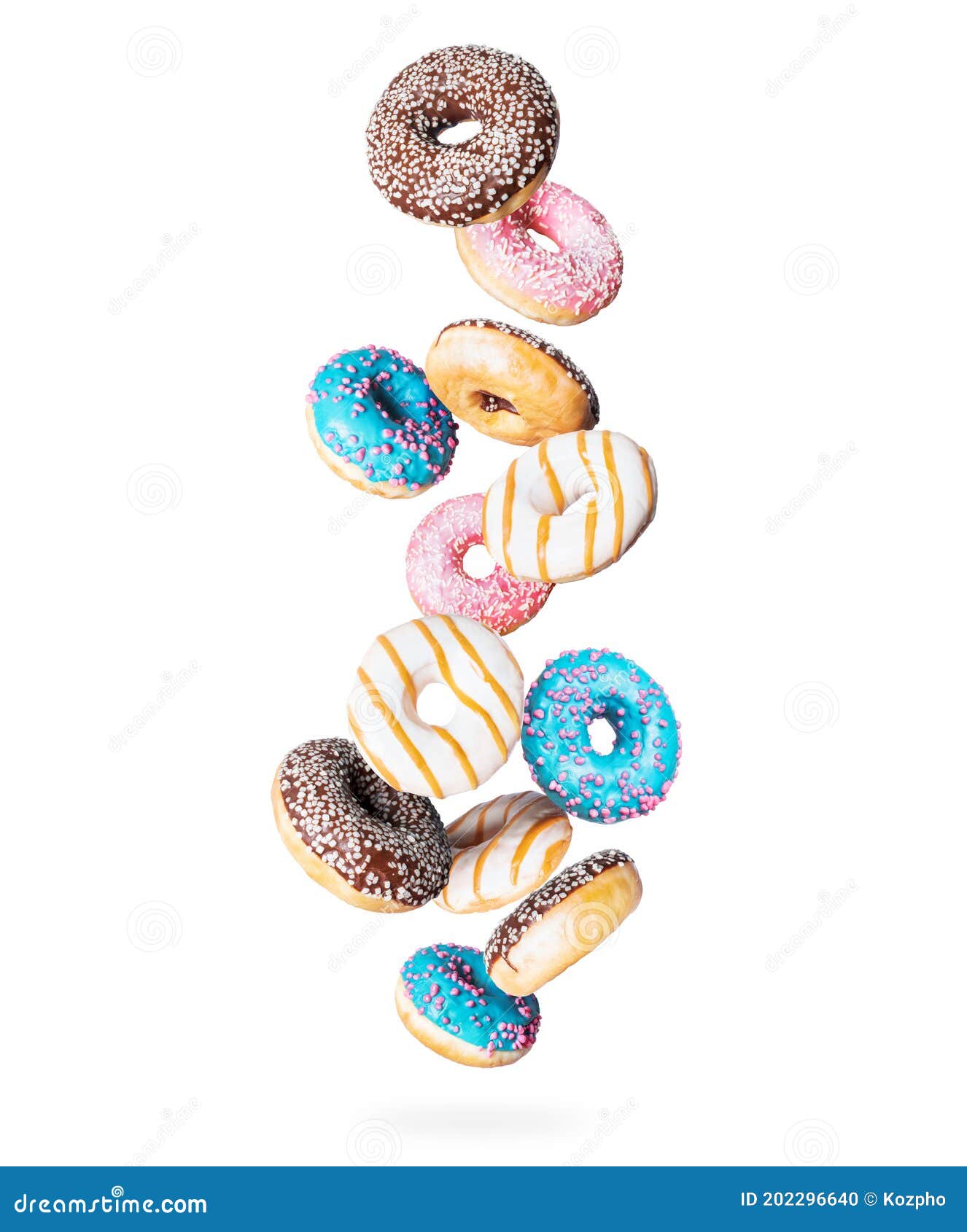 Different Donuts are Falling Down on a White Background Stock Photo ...