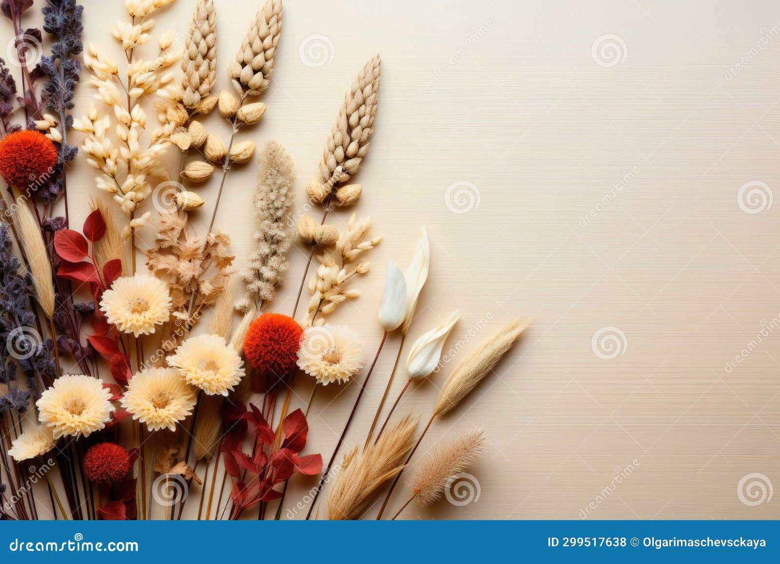 Different Dried Flowers on Light Background with Copy Space Stock ...