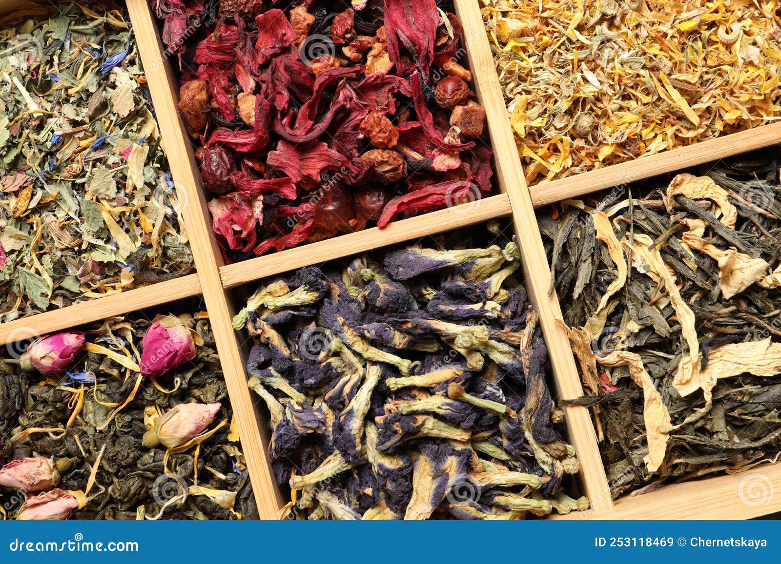 Different Dry Herbal Teas in Wooden Box Stock Image - Image of herbal ...