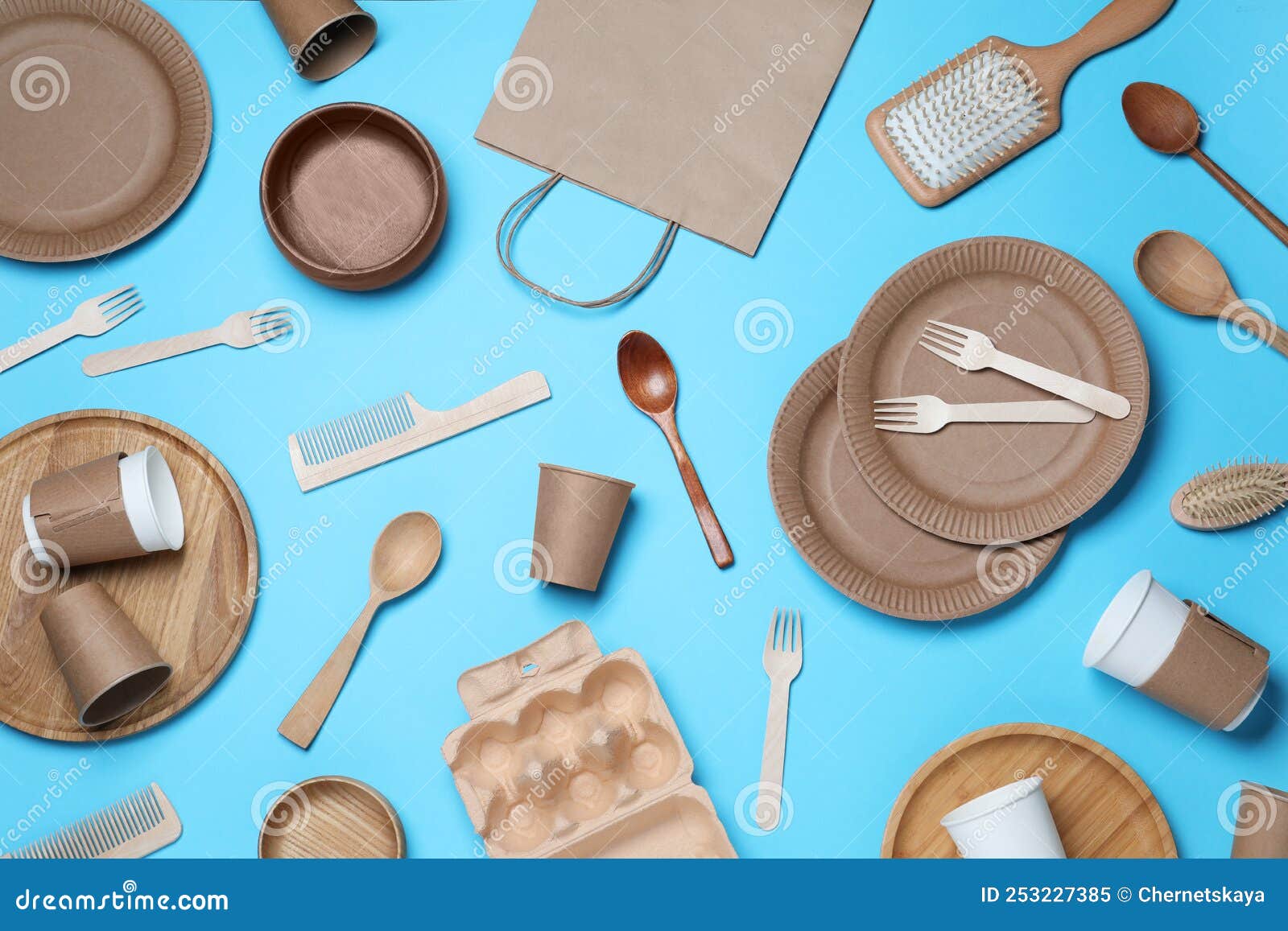 Different Eco Items on Light Blue Background, Flat Lay. Recycling ...