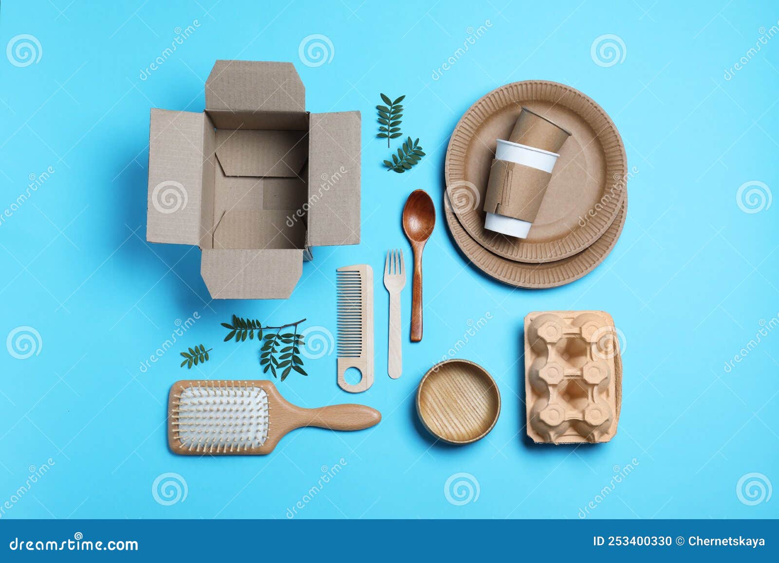 Different Eco Items on Light Blue Background, Flat Lay. Recycling ...