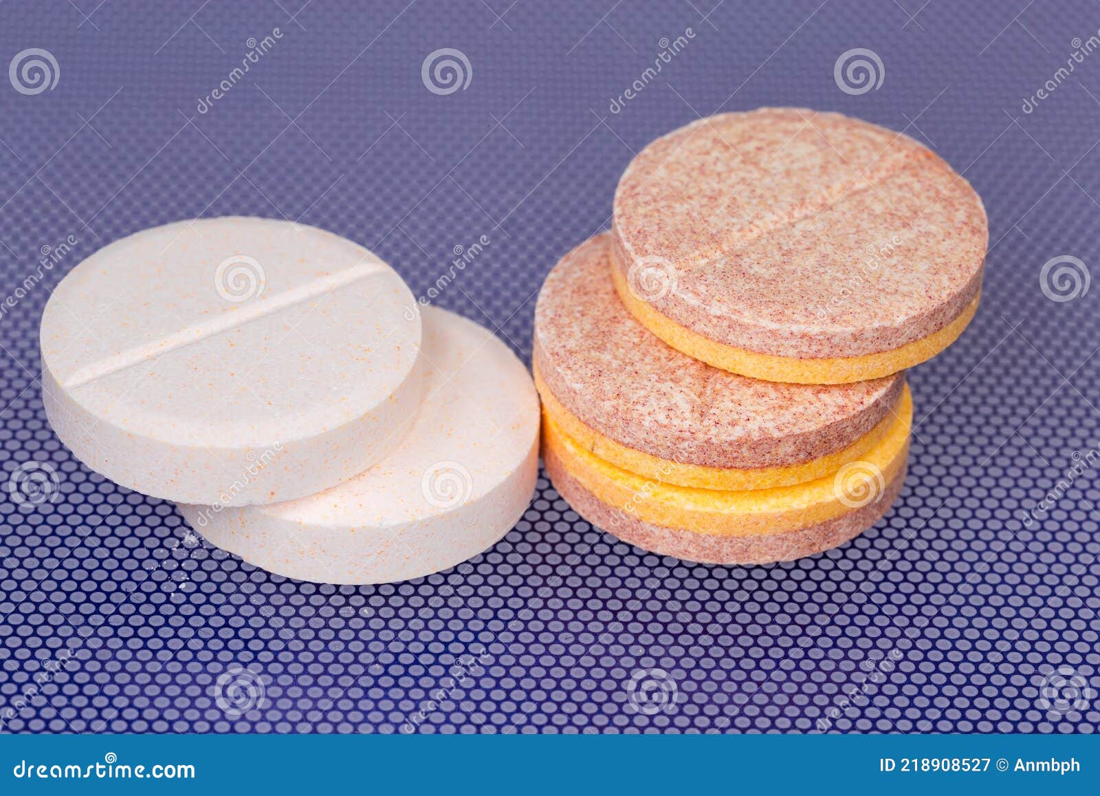 Effervescent Tablets on Blue Surface, Close-up in Selective Focus Stock ...