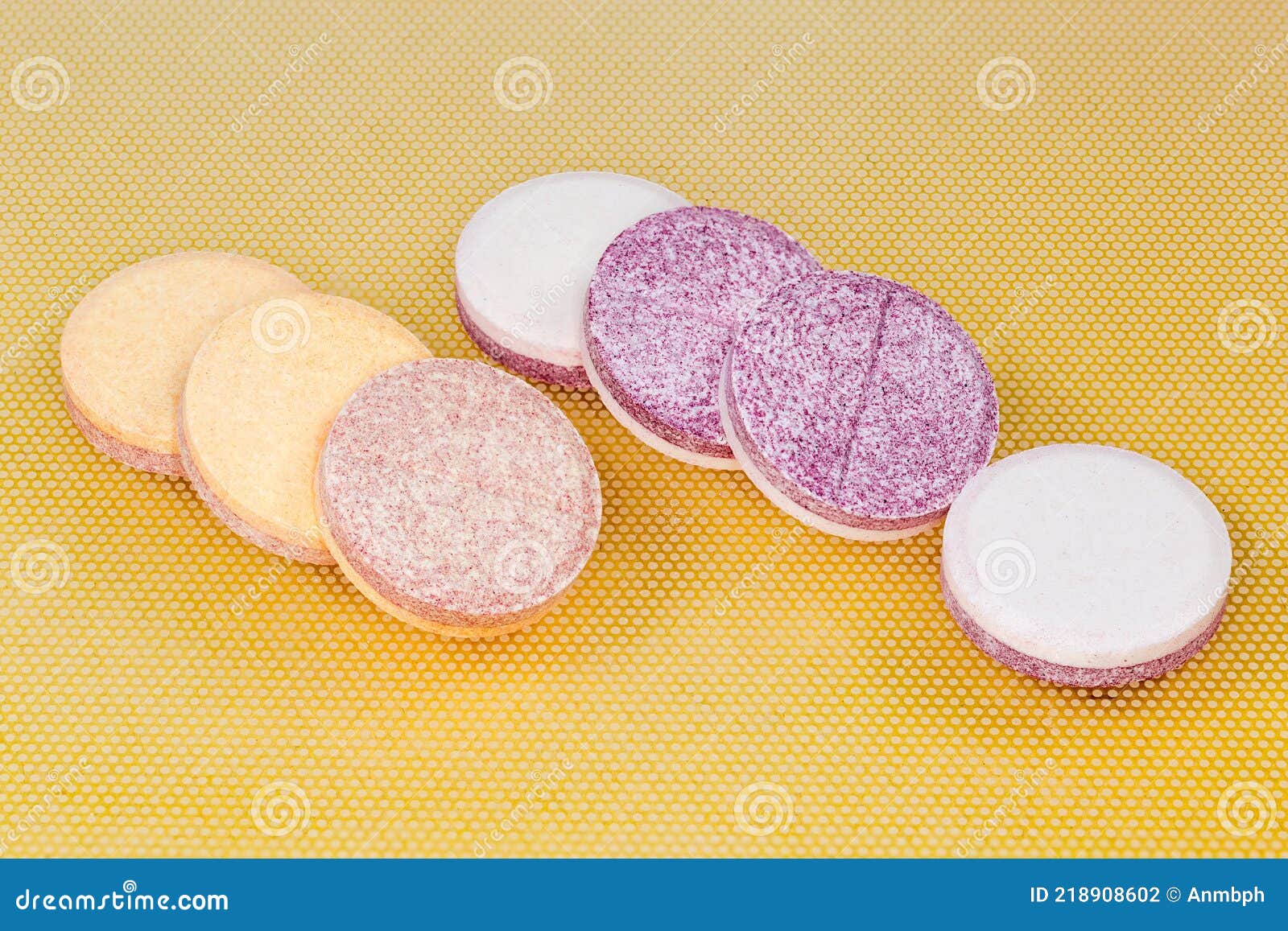 Different Effervescent Tablets on Yellow Surface, Close-up Stock Photo ...