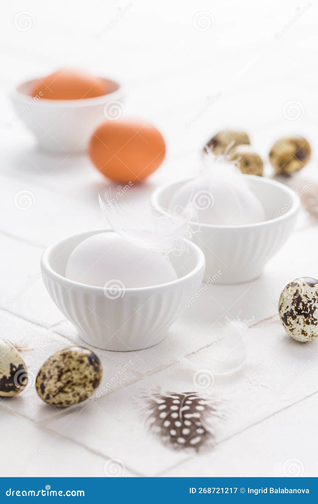 Different Eggs with Feathers for Easter on White Background Stock Image ...