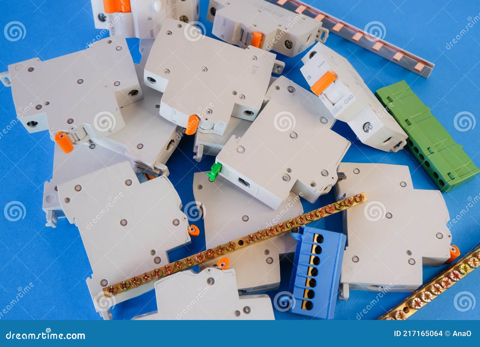 Different Electrical Equipment on Blue Background. Various Electric ...