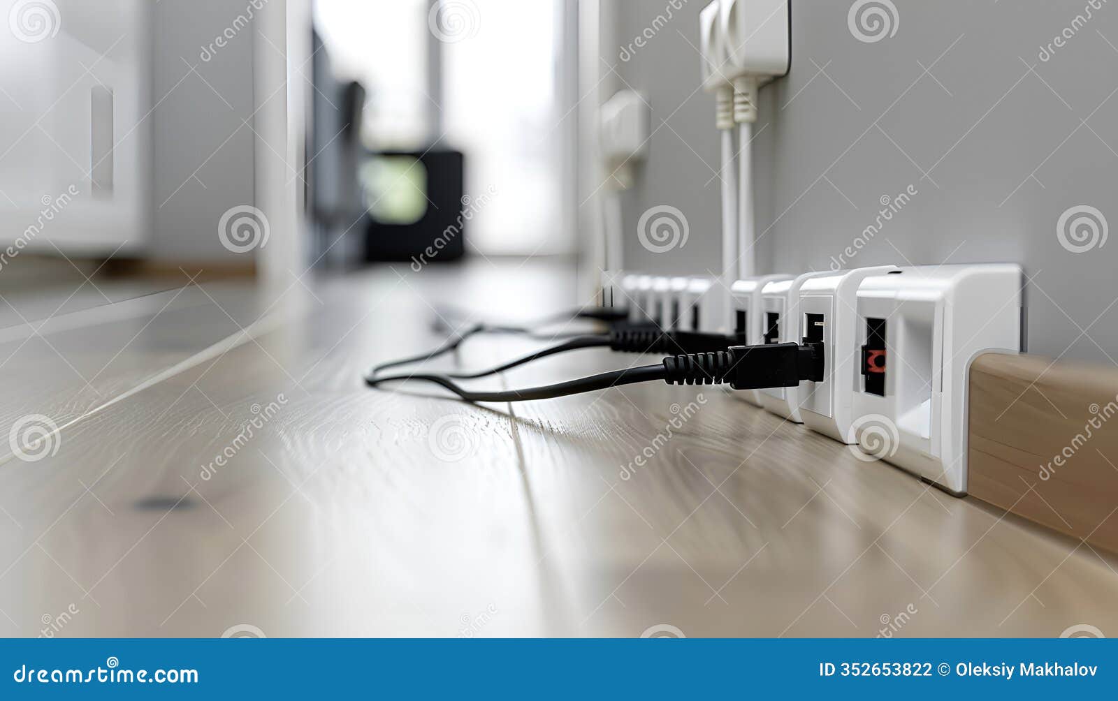 Different Electrical Plugs in Socket and Power Strip on Floor Indoors ...