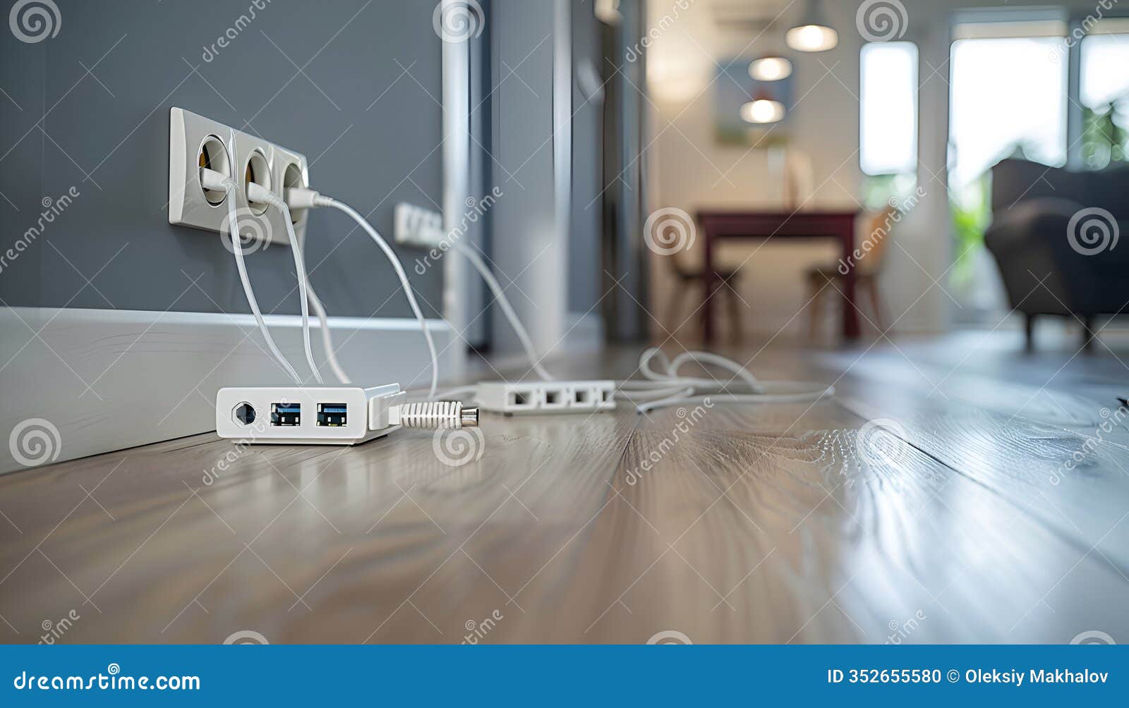 Different Electrical Plugs in Socket and Power Strip on Floor Indoors ...