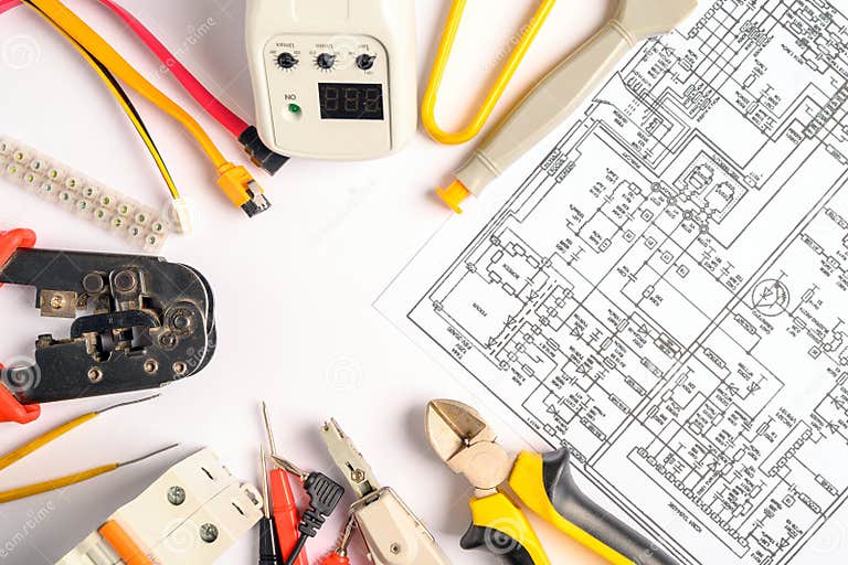 Different Electrical Tools on Electrical Engineering Drawings . Stock ...