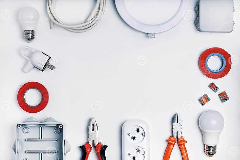 Different Electrical Tools on Light Grey Background with Plase for Text ...