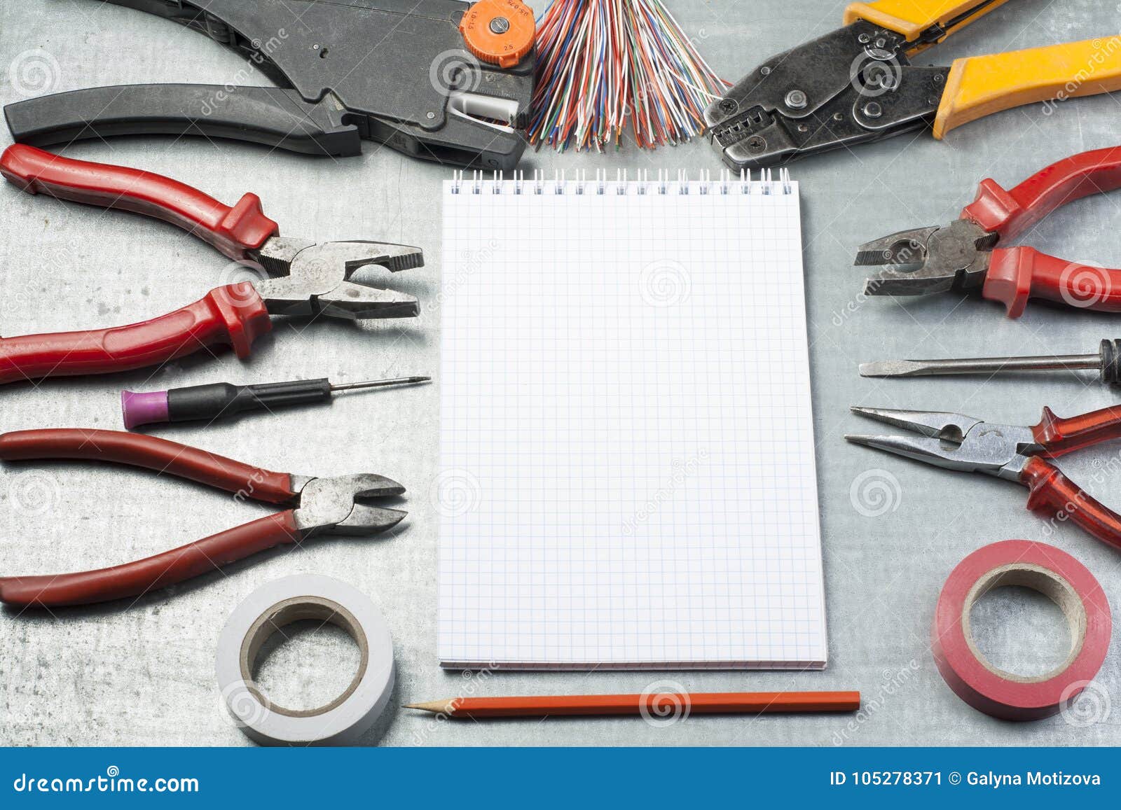 Set of Electrical Tools, Notepad and Pencil on Metallic Background ...