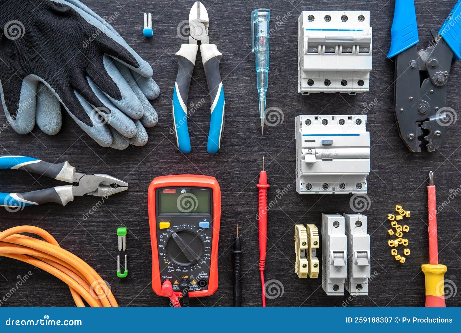 Different Electrical Tools on Wooden Background, Flat Lay. Stock Image ...