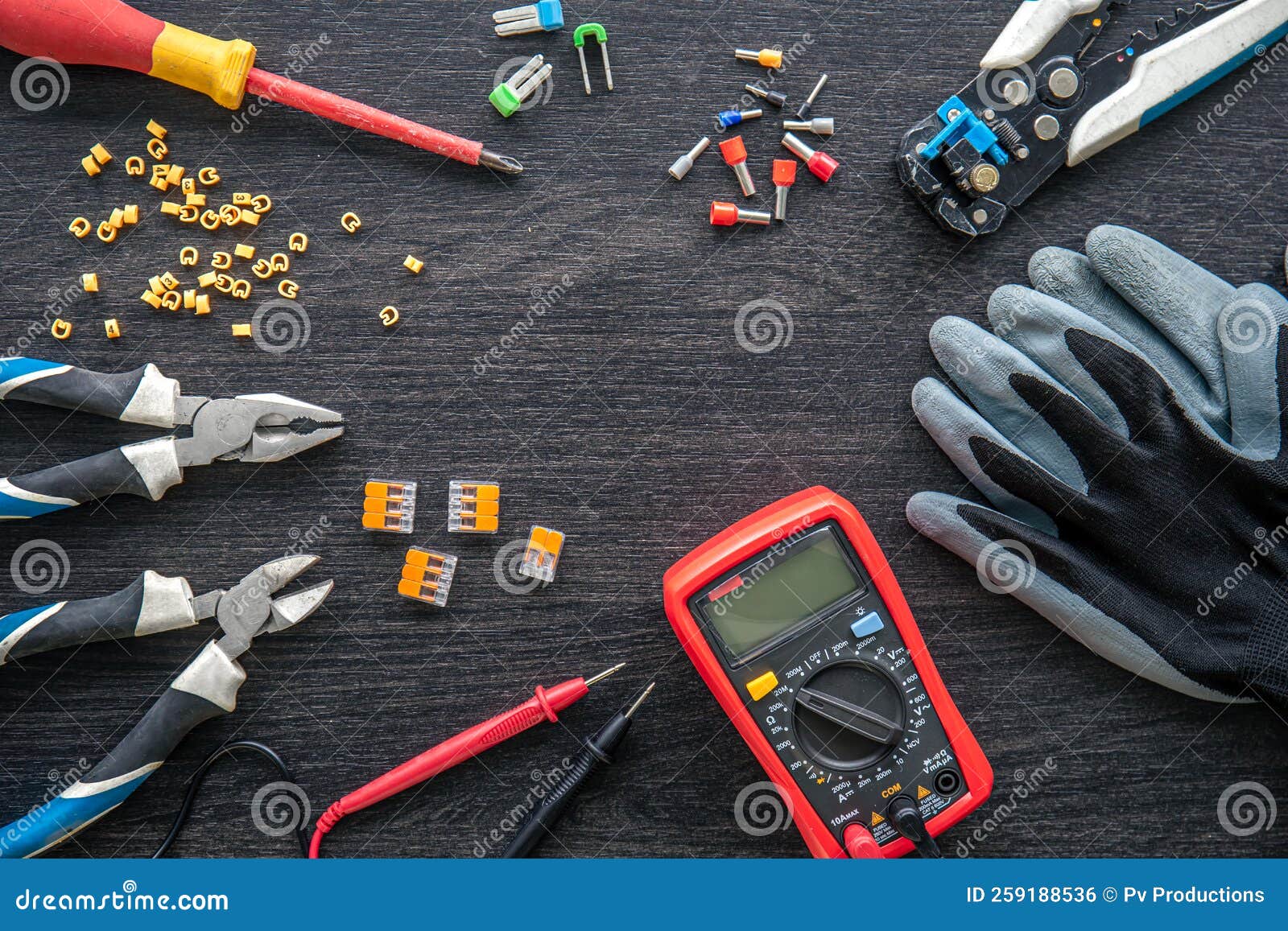 Different Electrical Tools on Wooden Background, Flat Lay. Stock Photo ...