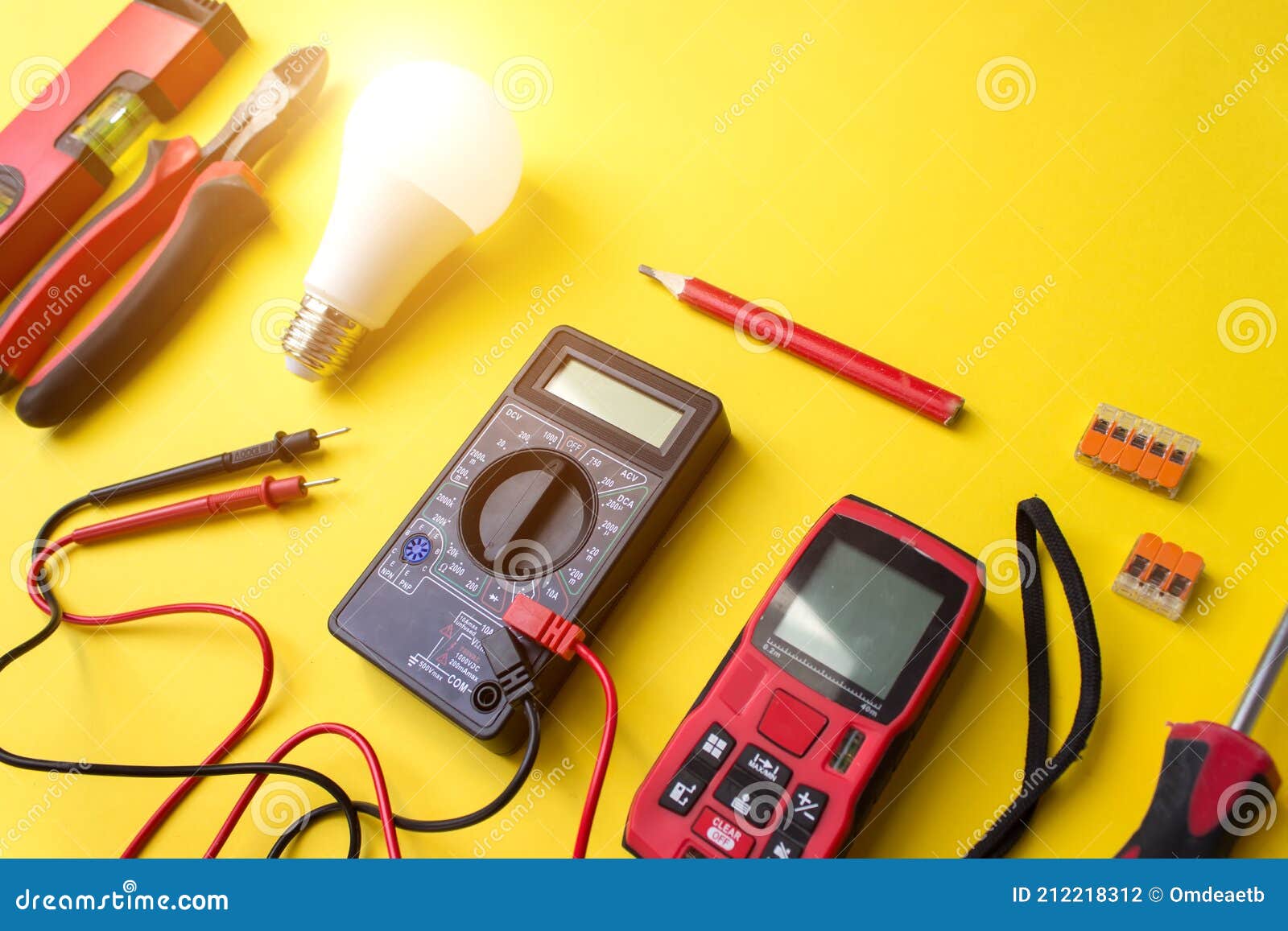 Different Electrical Tools on Yellow Background with Shine Stock Photo ...