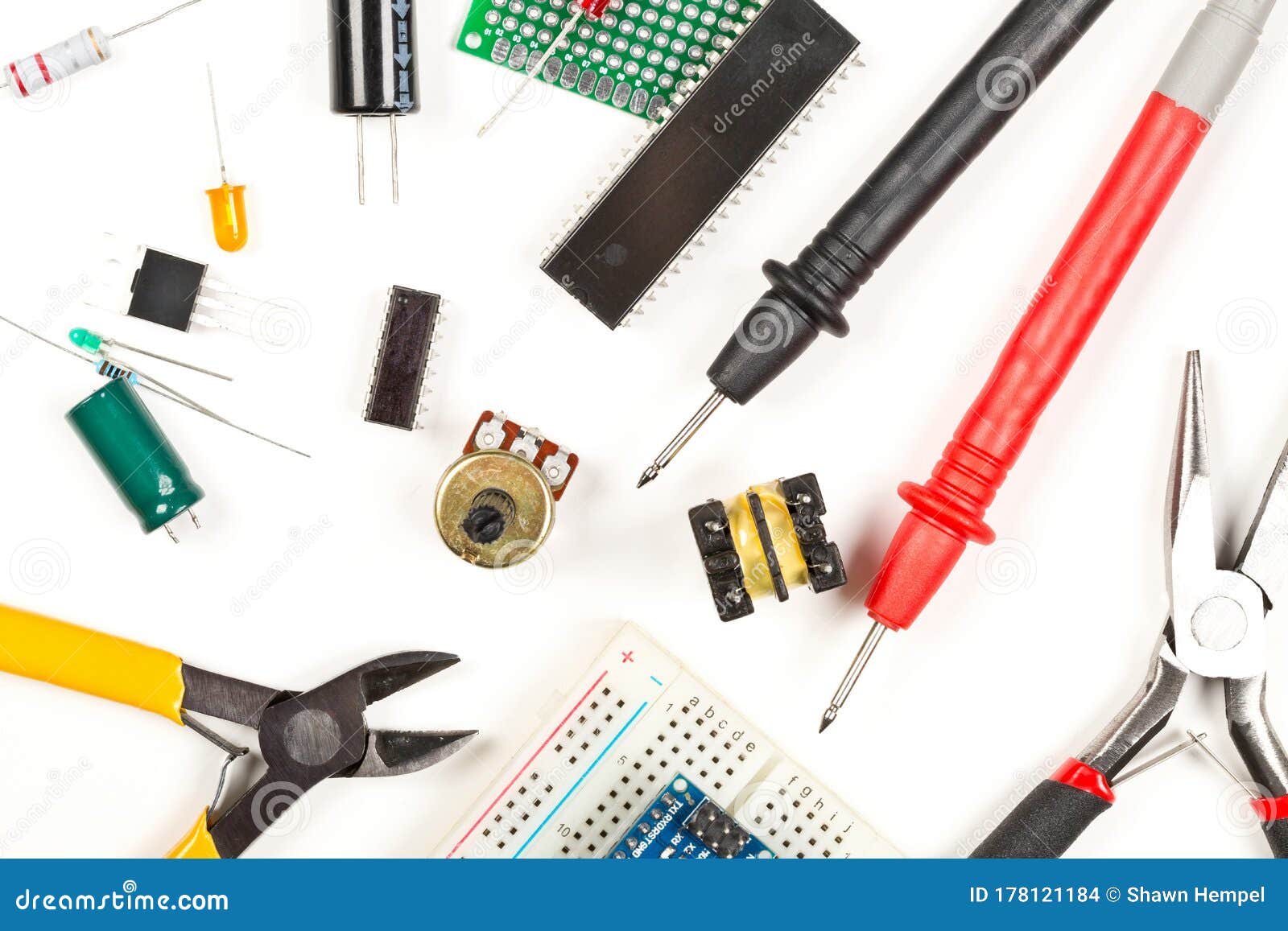 Different Electronic Parts or Components, Pliers and Measurement Device ...