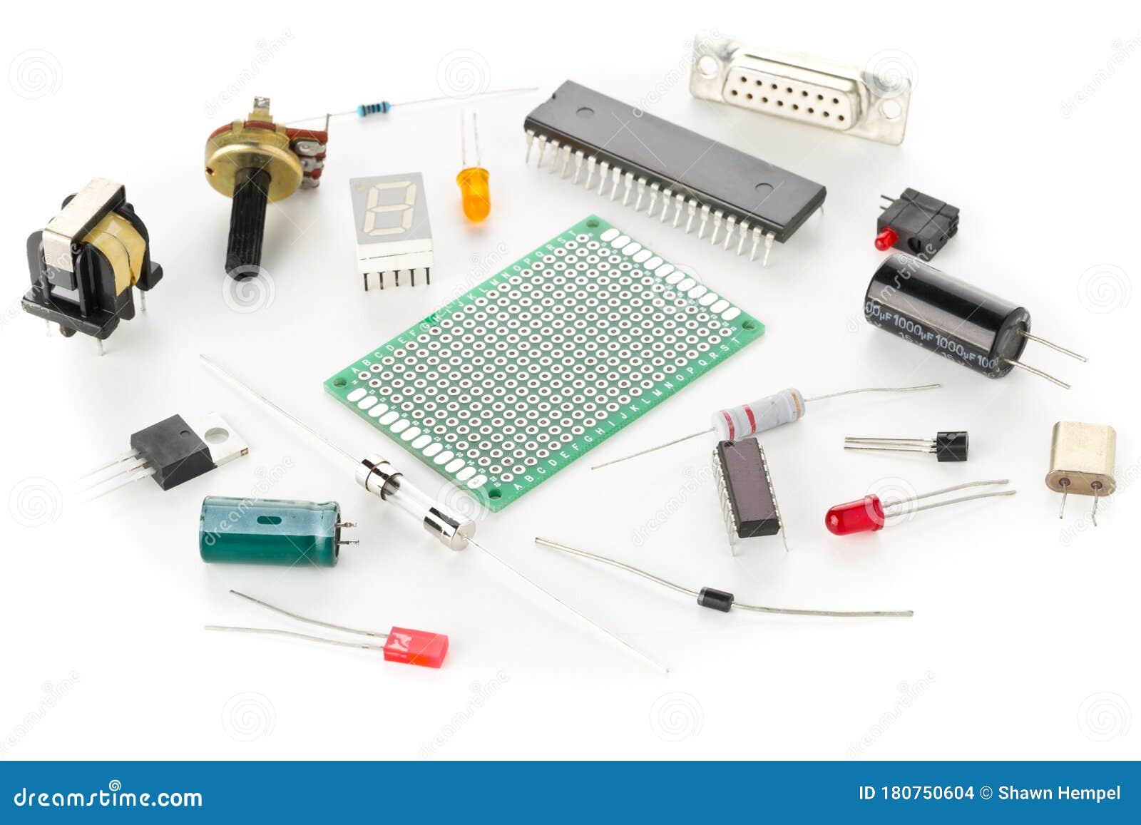 Different Electronic Parts or Components on White with Resistors ...