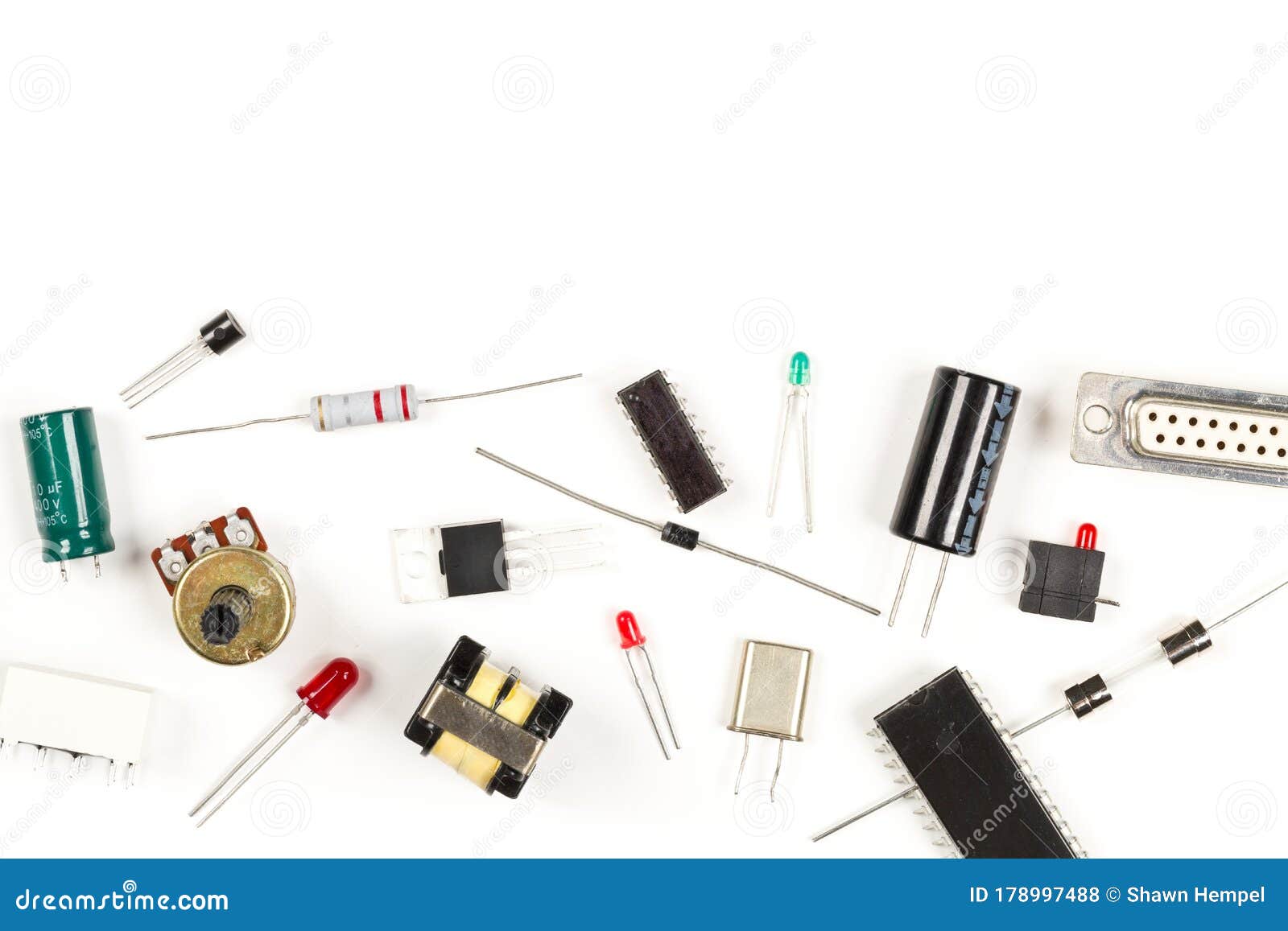Different Electronic Parts or Components on White with Resistors ...