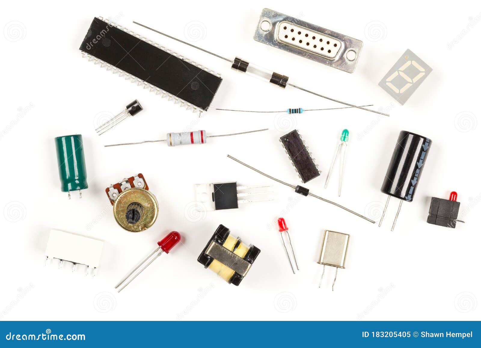 Different Electronic Parts or Components on White with Resistors ...