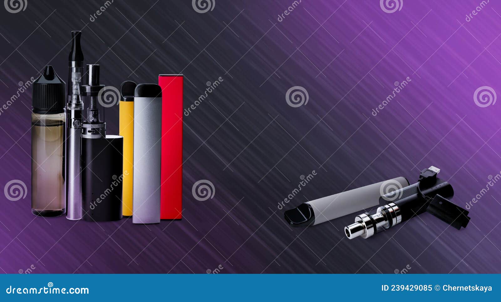 Different Electronic Smoking Devices on Color Background. Banner Design ...