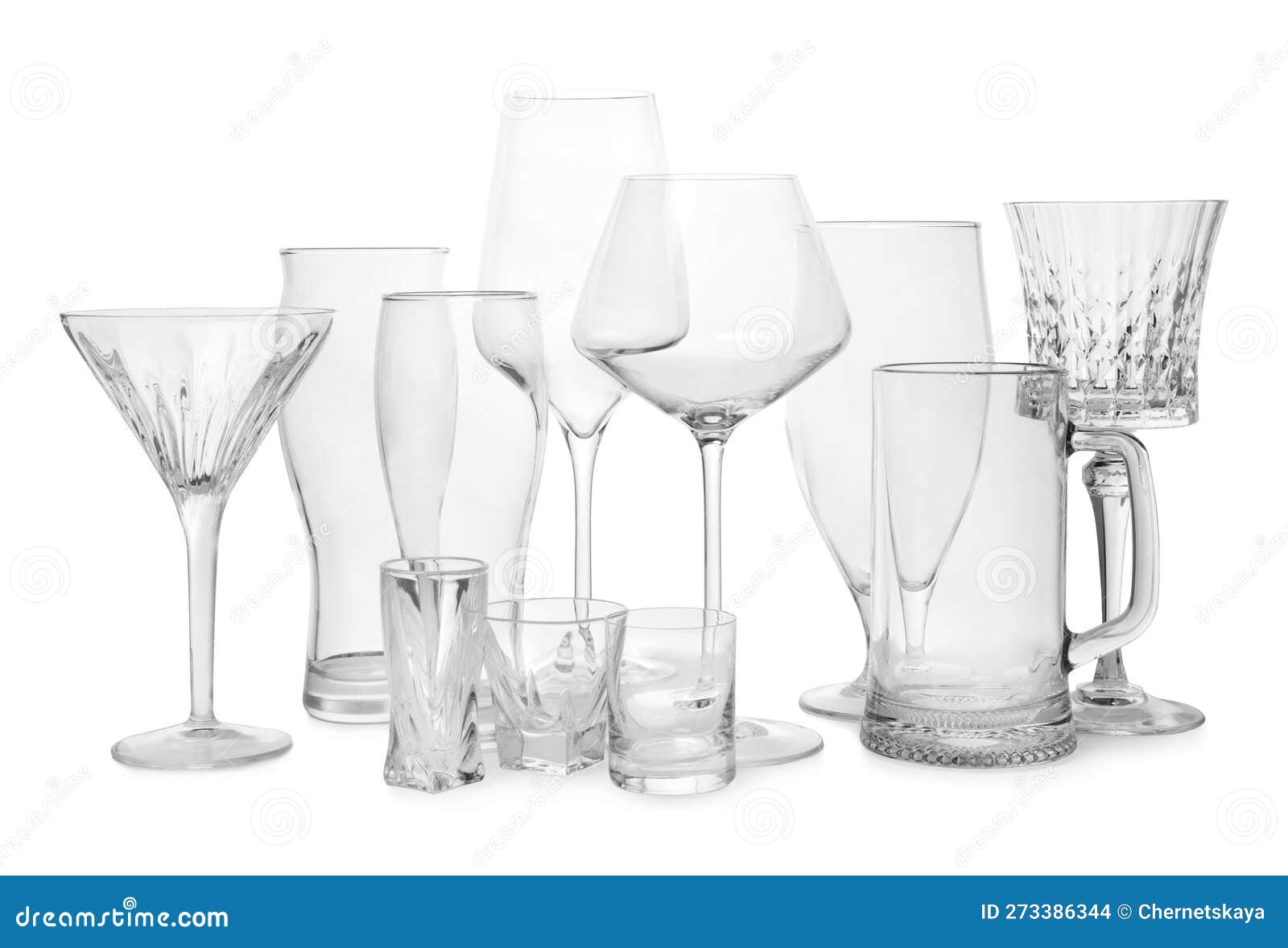 Different Elegant Empty Glasses Isolated on White Stock Photo - Image ...