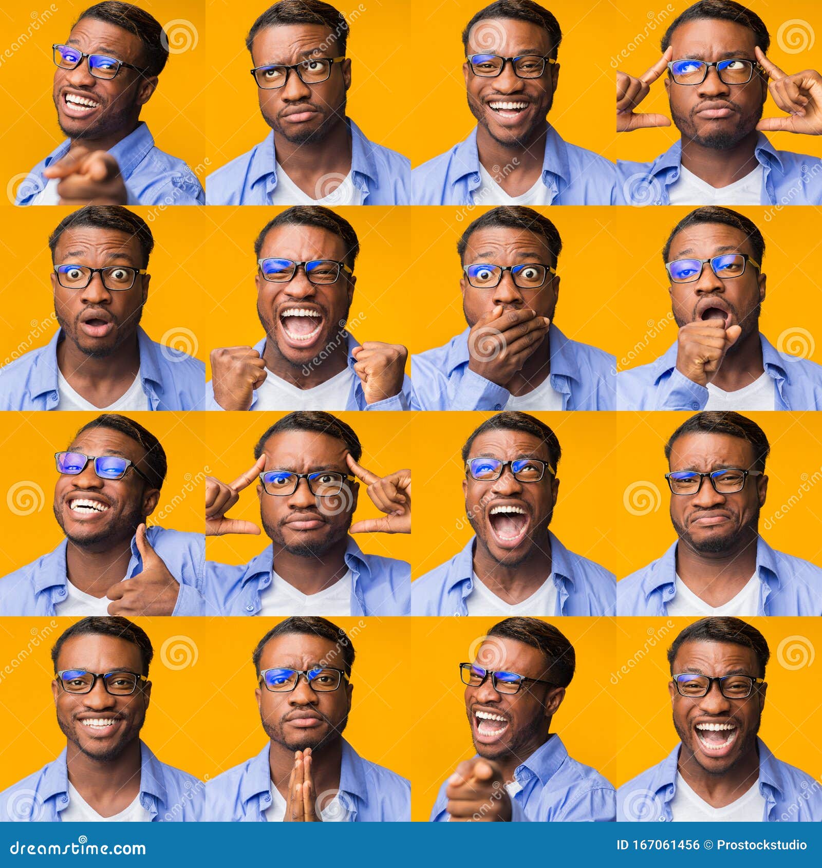 Different Emotions Collage of Black Guy Grimacing on Yellow Background ...
