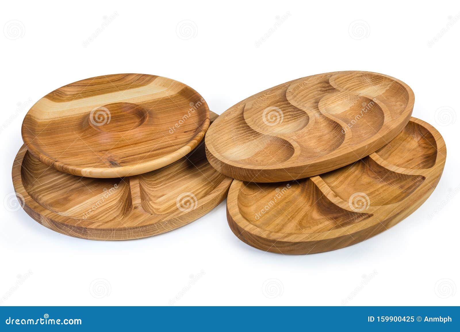 Different Wooden Compartment Dishes and Serving Boards on White ...