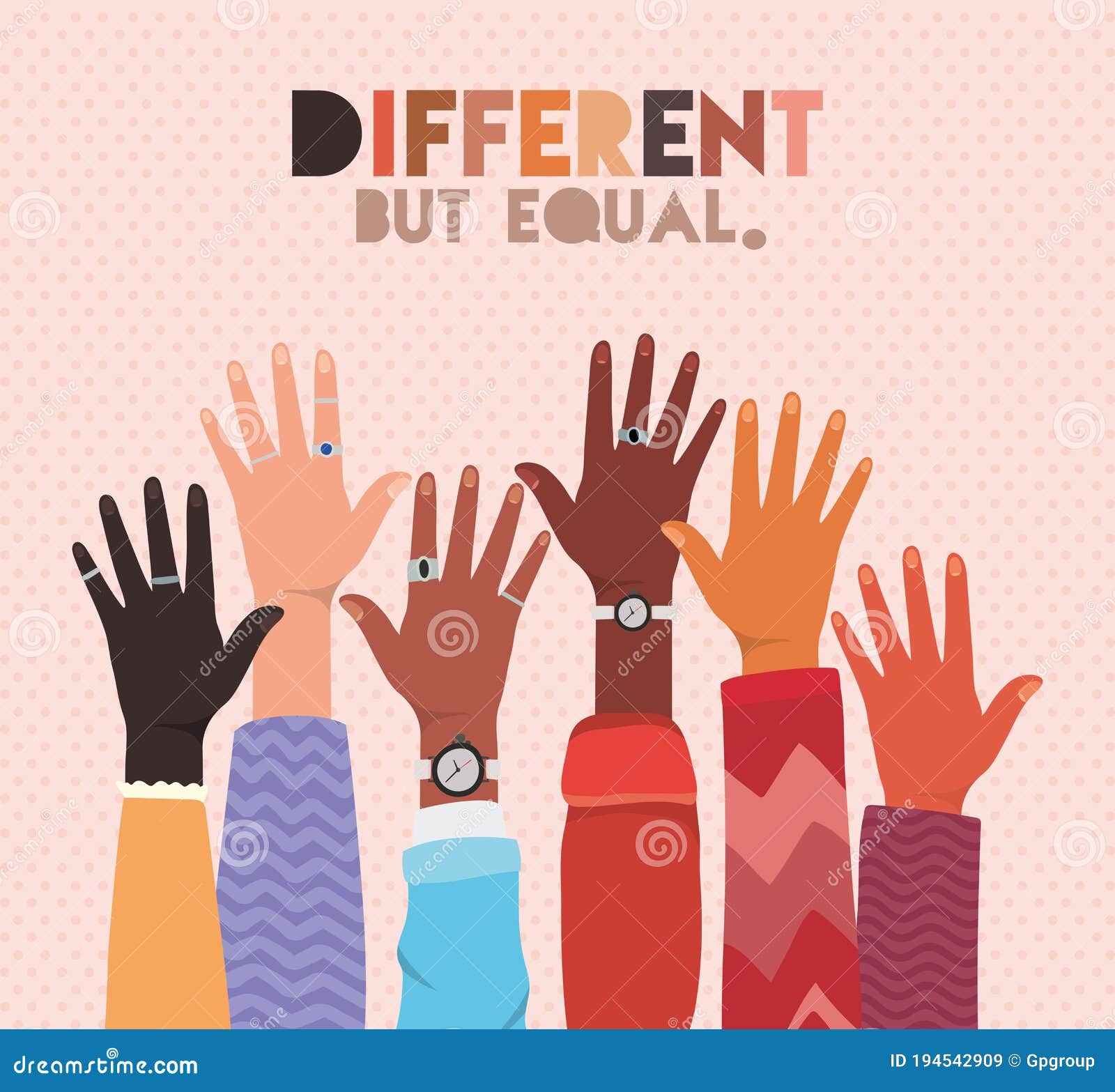 Different but Equal and Diversity Skins Hands Up Vector Design Stock ...