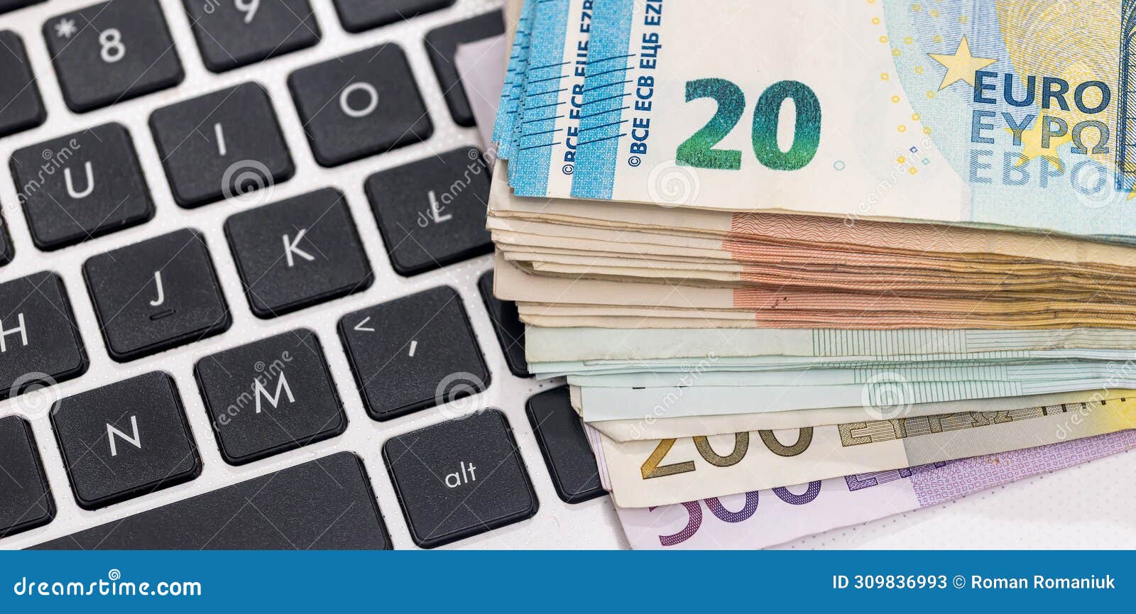 Different Euro Paper Notes on Keyboard Computer Stock Image - Image of ...