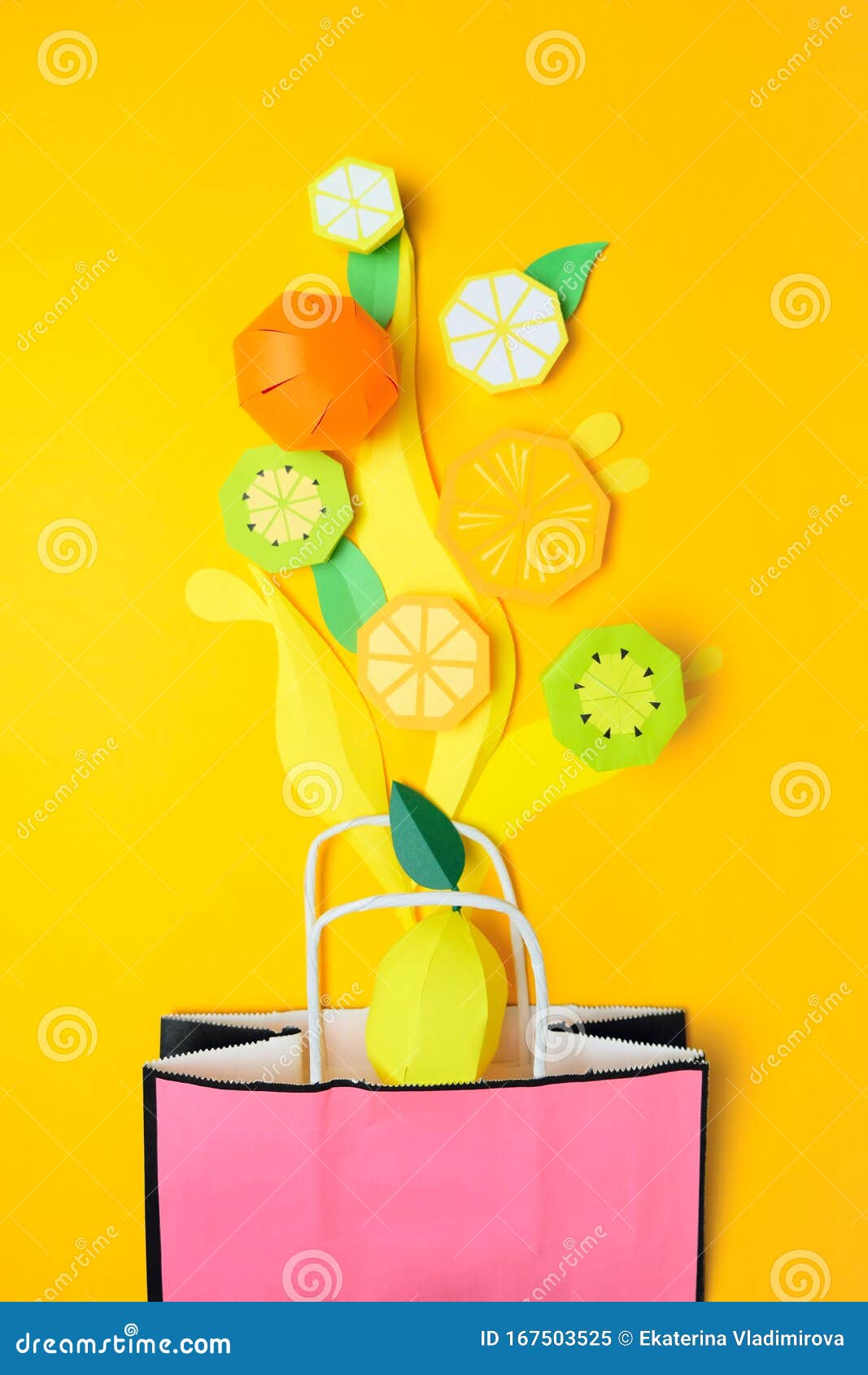Exotic Fruits Made of Paper on Yellow Background Stock Image - Image of ...