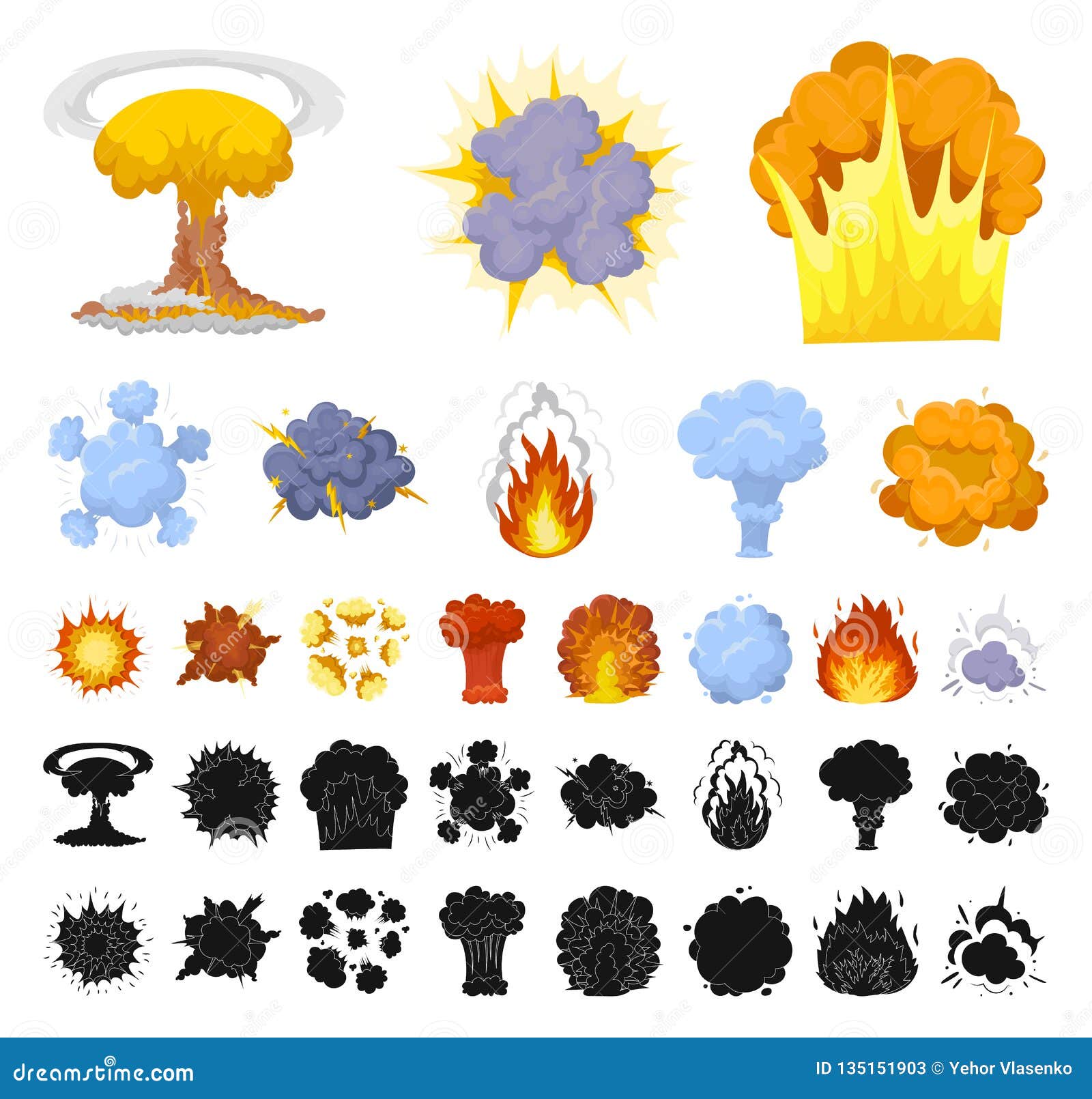Different Explosions Cartoon, Black Icons in Set Collection for Design ...