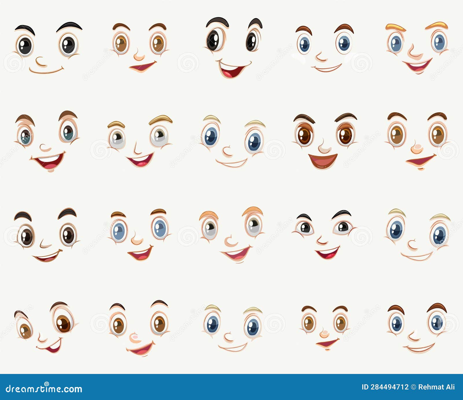 Different Expressions of Cartoon Face Vector Illustrations Set. Cute ...