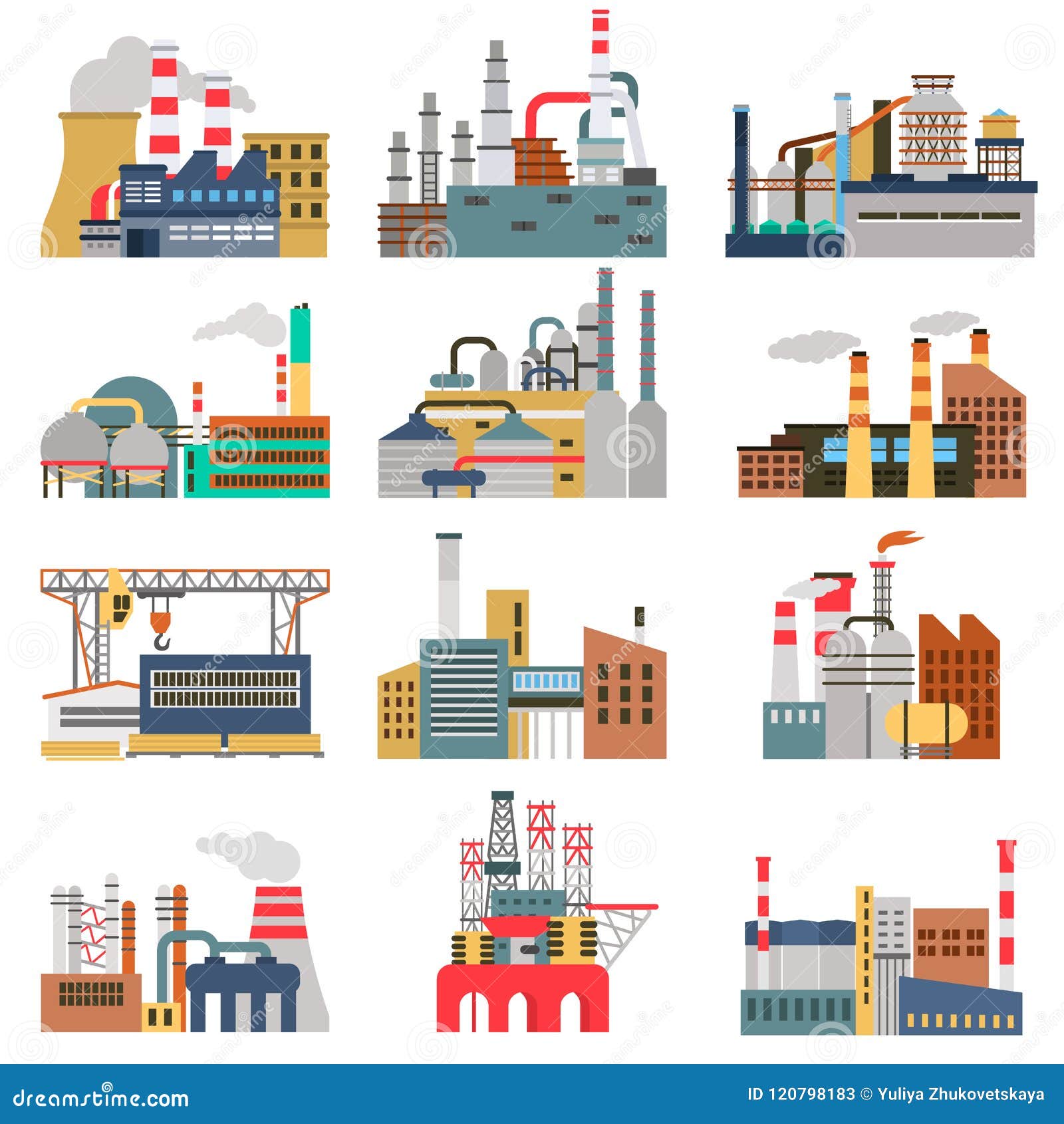 Different Factories Color Flat Illustrations Set Stock Illustration ...