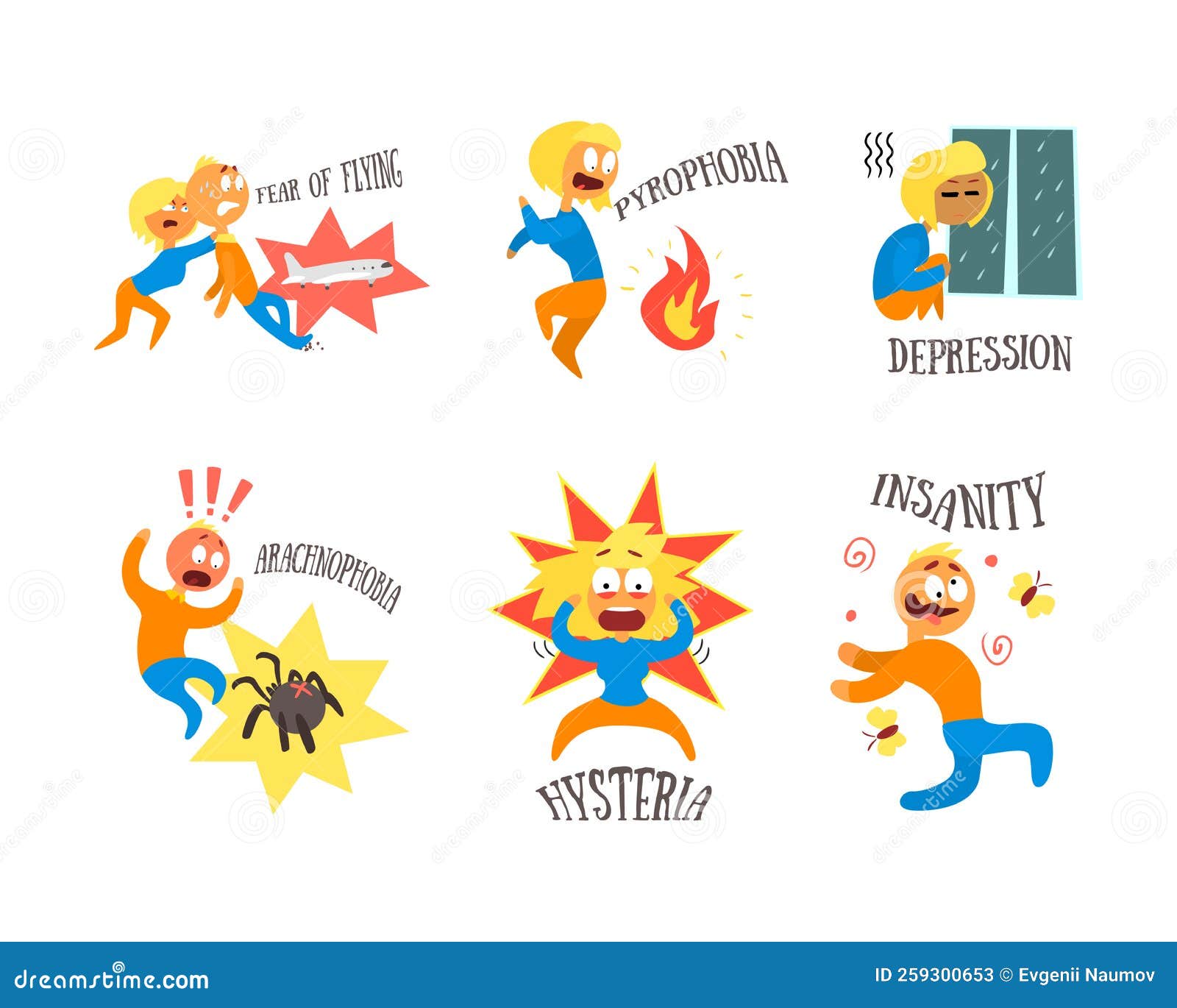 Different Fears and Phobia with Comic Man and Woman Afraid of Various ... Different Fears and Phobia with Comic Man and Woman Afraid of Various ...