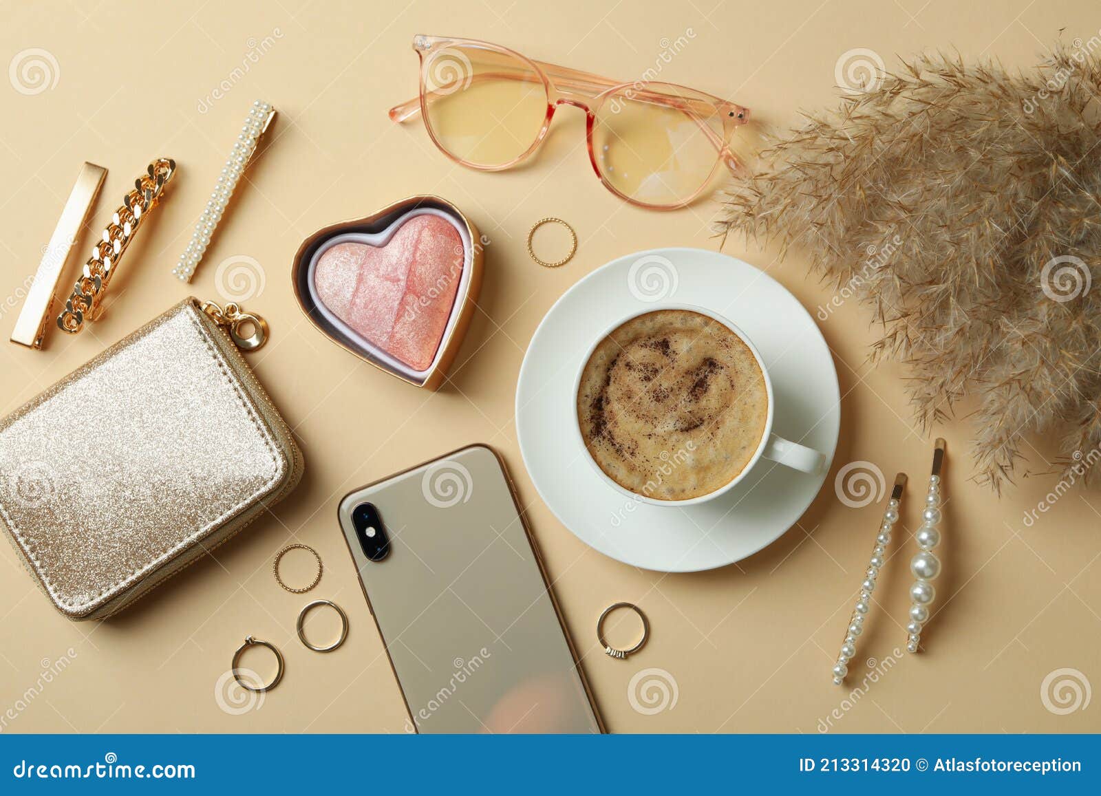 Different Female Accessories on Beige Background, Top View Stock Photo ...
