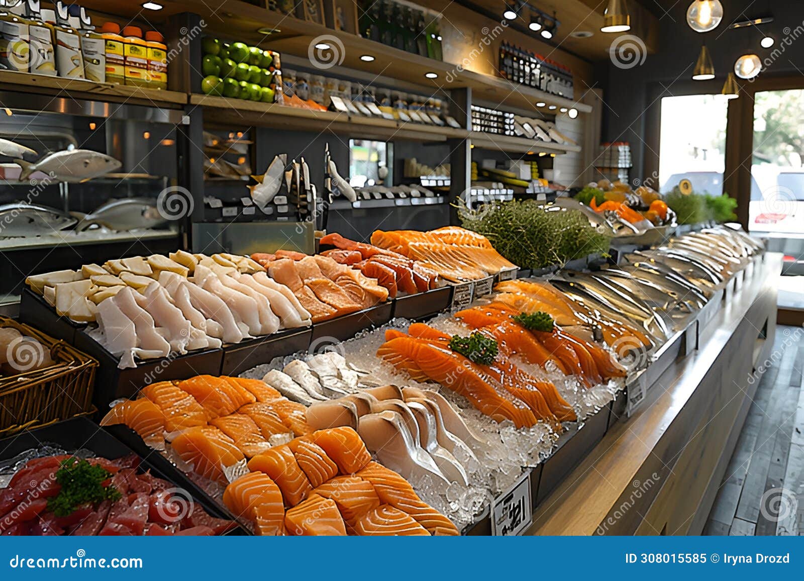 Different Fish Counter in the Modern Market Stock Illustration ...