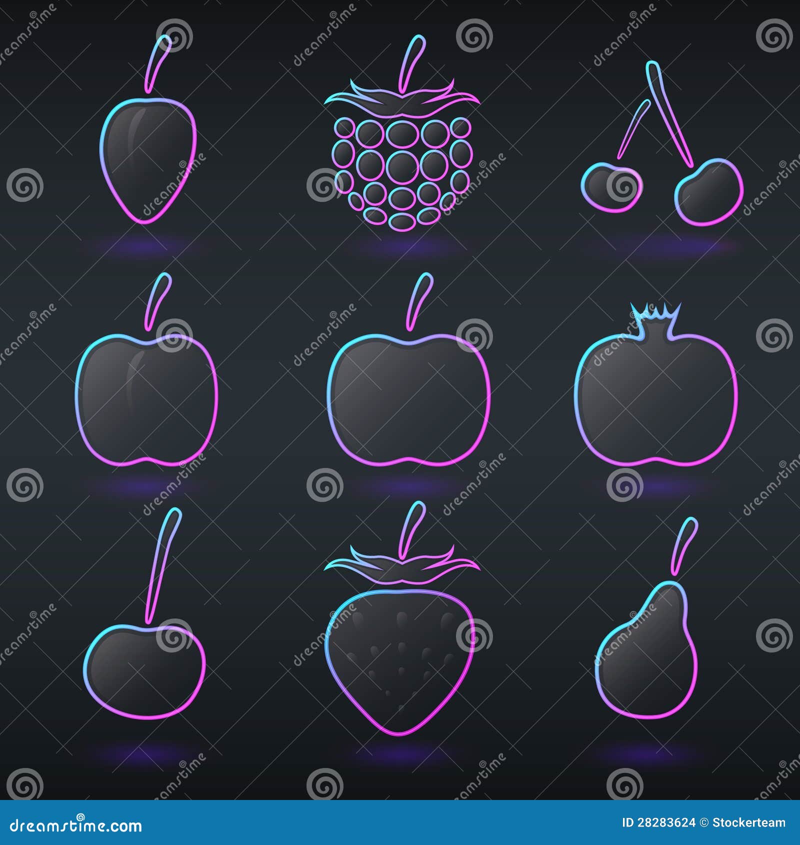 Different Fluorescent Neon Fruits Icons Stock Illustration ...
