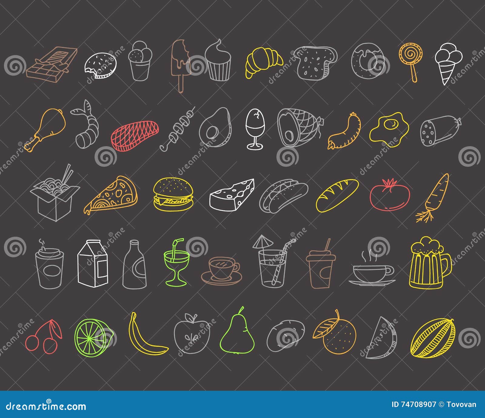 Different Food Doodles. Lineart Hand-drawn Elements Stock Illustration ...