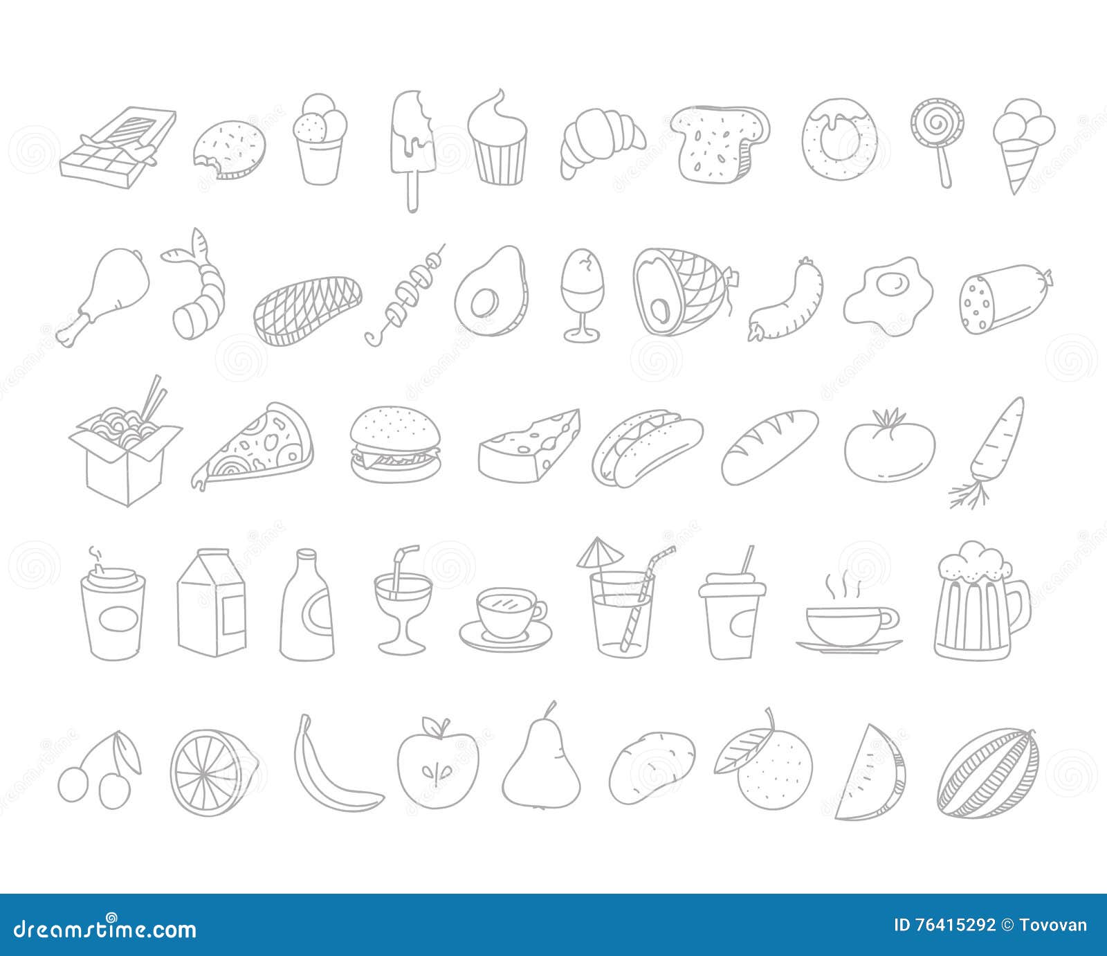 Different Food Doodles. Lineart Hand-drawn Elements Stock Vector ...