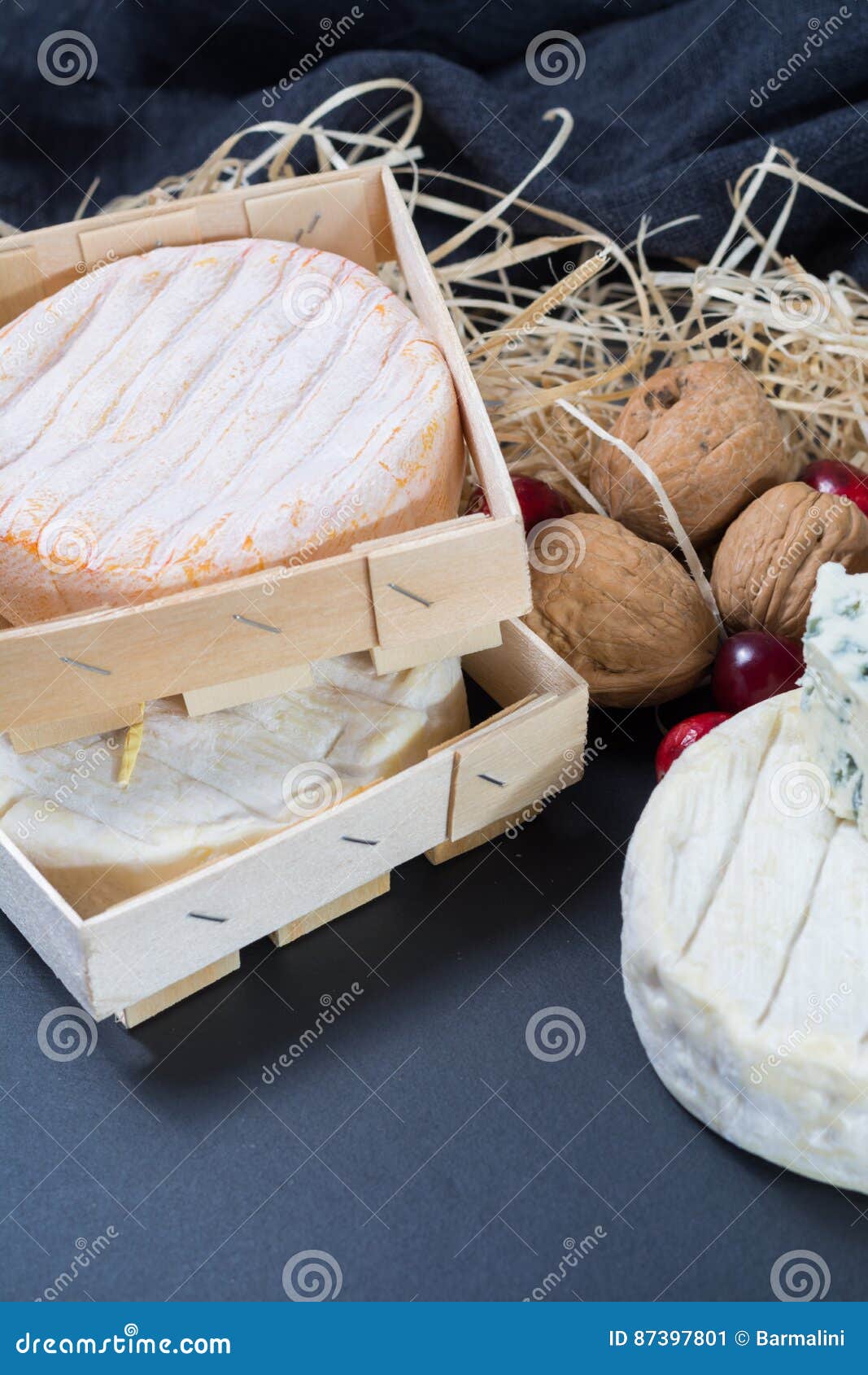 Different French Soft Cheeses on Black Stone Platter Stock Image ...
