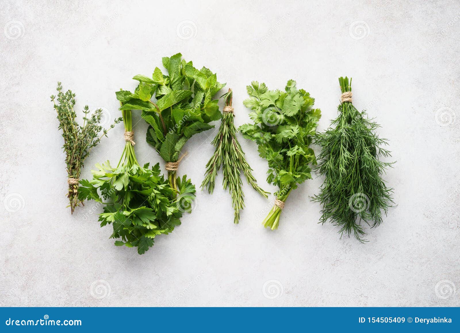 Different Fresh Herbs on Gray Background. Healthy Ingredients Stock ...