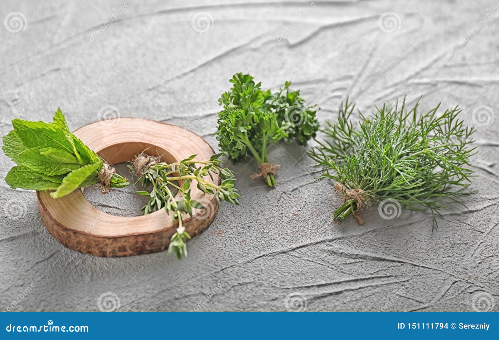 Different Fresh Herbs on Grey Background Stock Photo - Image of object ...