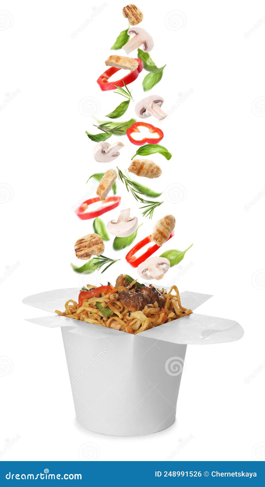 DIfferent Fresh Ingredients Falling into Box of Wok Noodles on White ...