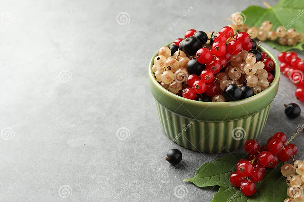 Different Fresh Ripe Currants and Green Leaf on Light Grey Table, Space for Text Stock Image ...