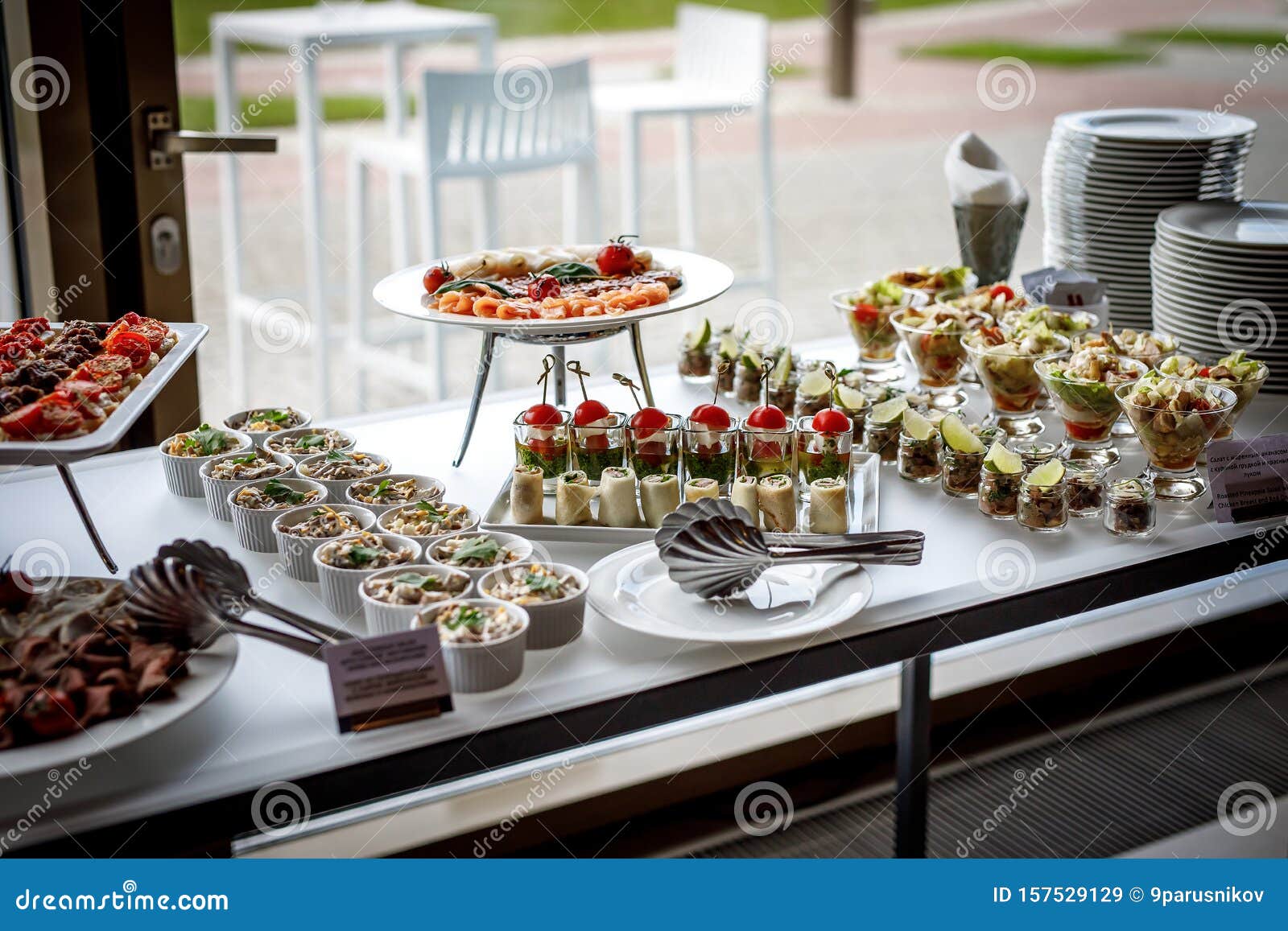 Snack Table Ready for the Event Stock Image - Image of waitress, table ...