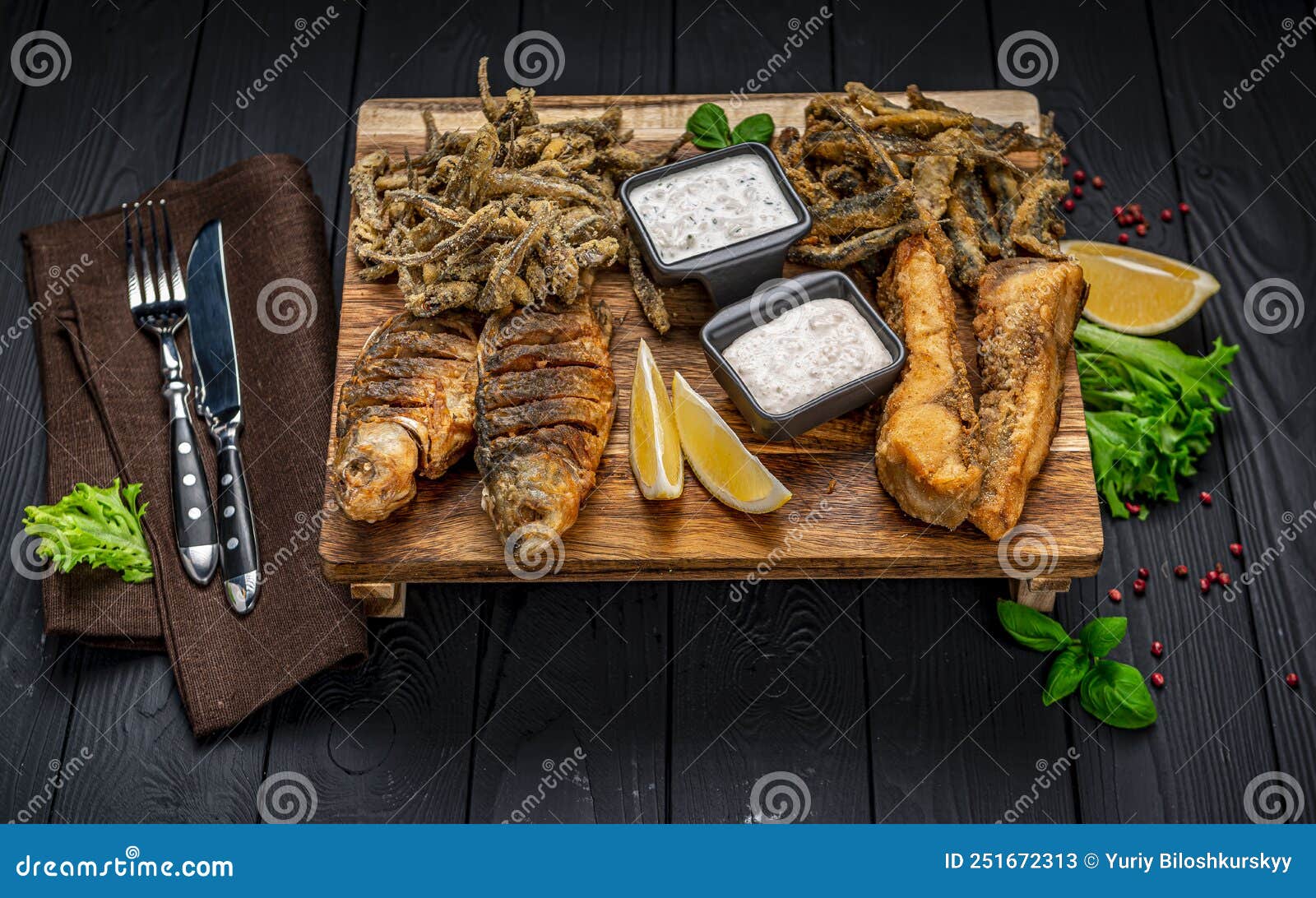 Different Fried Fish on the Board Stock Image - Image of calamari ...