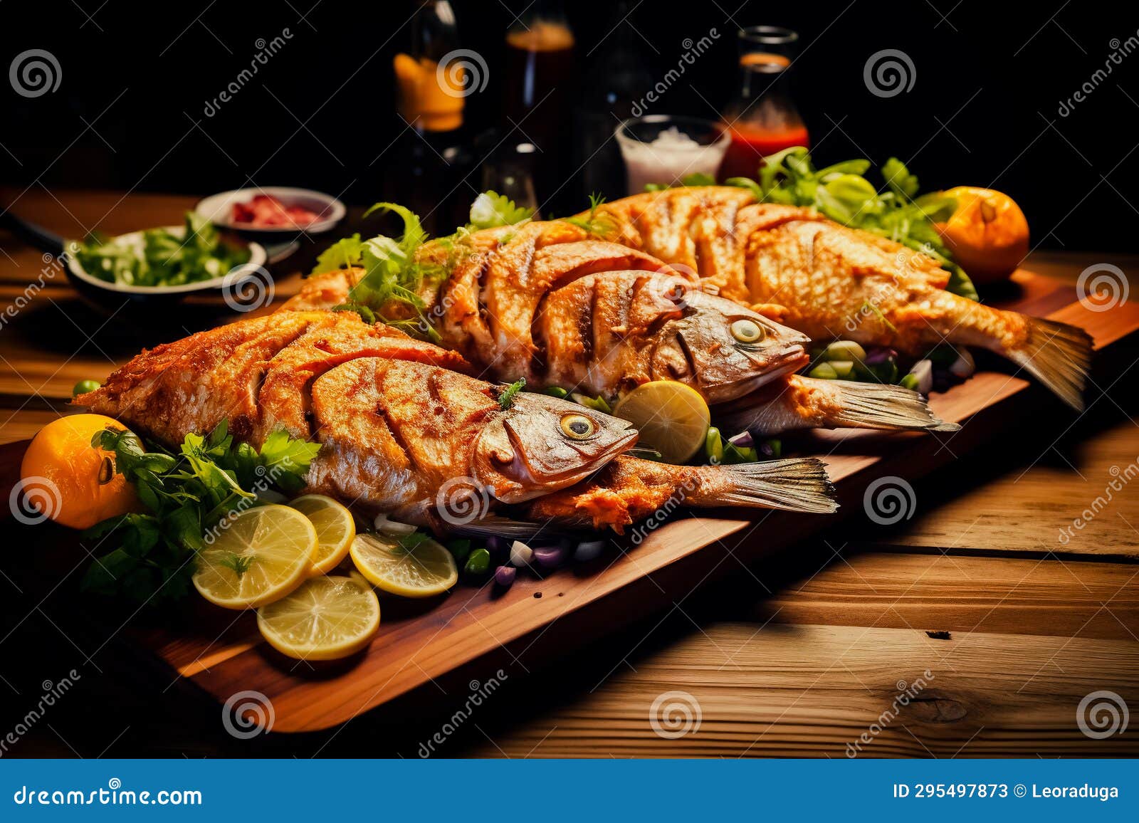 Different Fried Fish on the Board. Serving Food in a Restaurant Stock ...