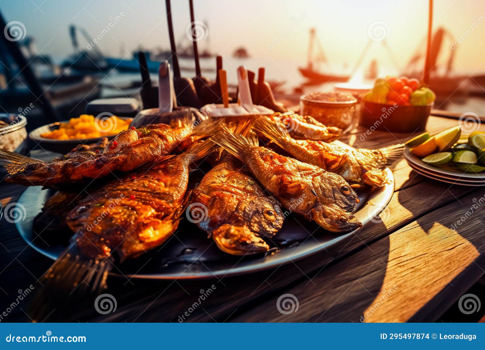Different Fried Fish on the Board. Serving Food in a Restaurant Stock ...