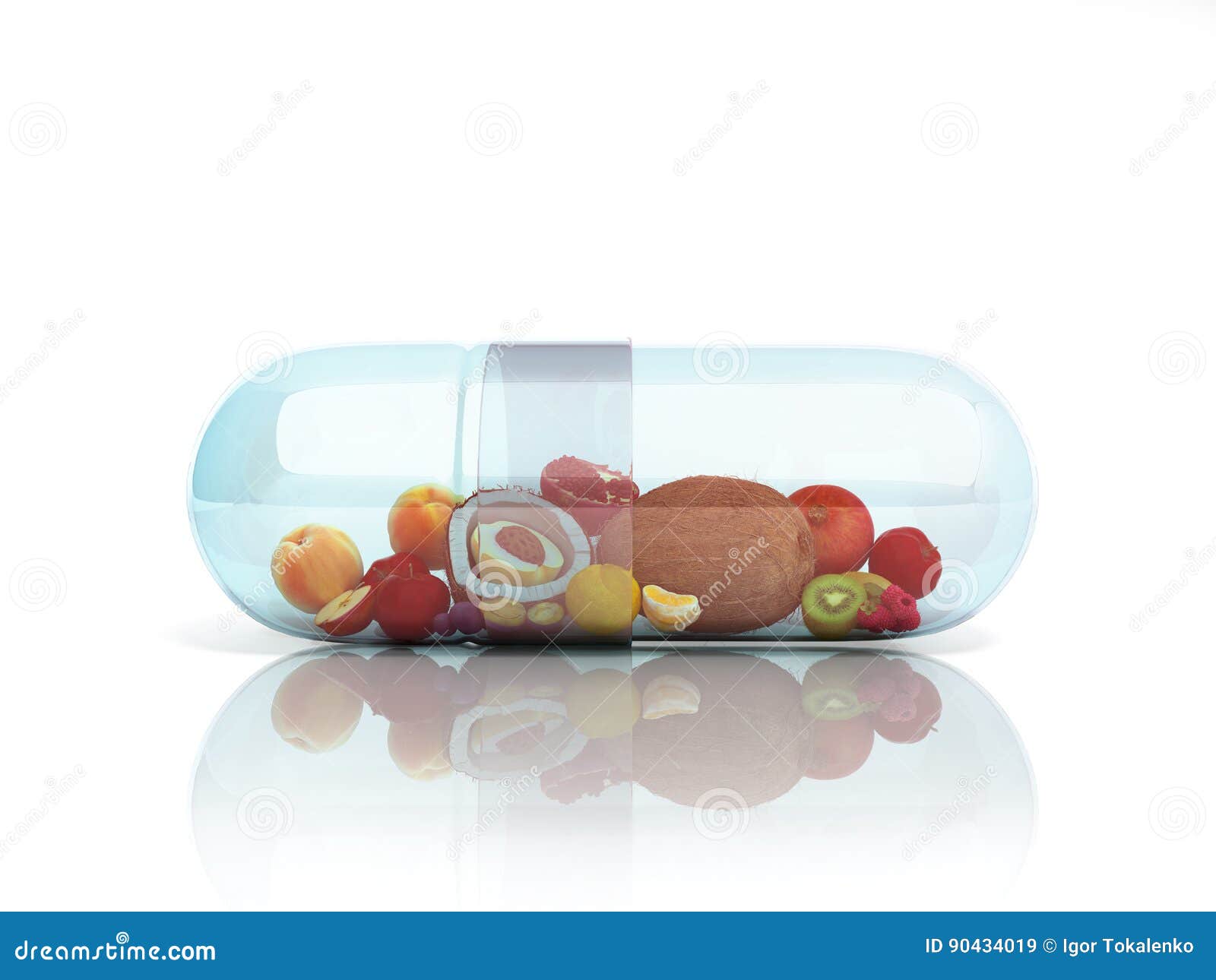 Different Fruit in Capsule Healthy Diet Concept 3d Render on Glas Glor ...