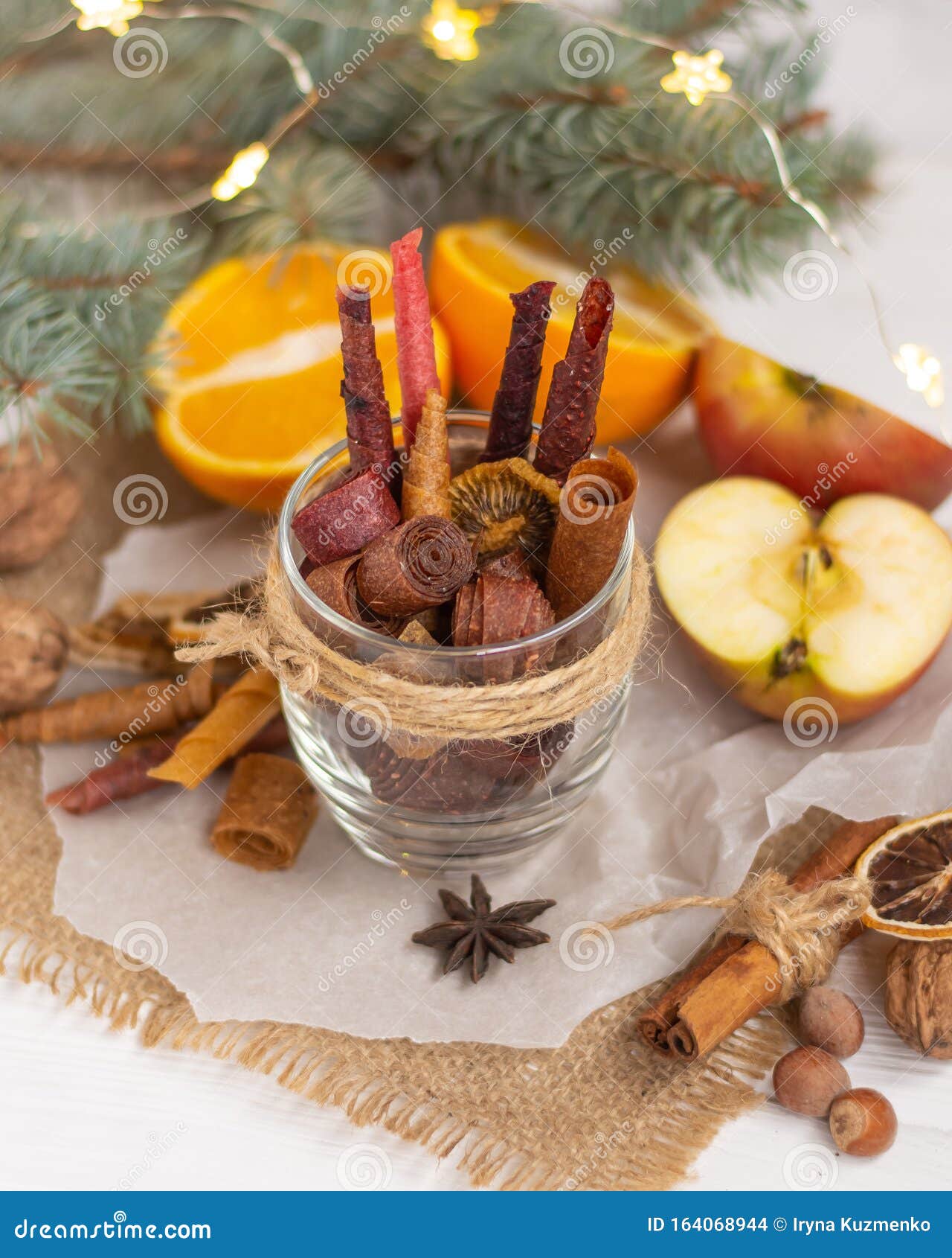 Different Fruit Leather in a Glass. Sprigs of Spruce, Garland, Oranges ...