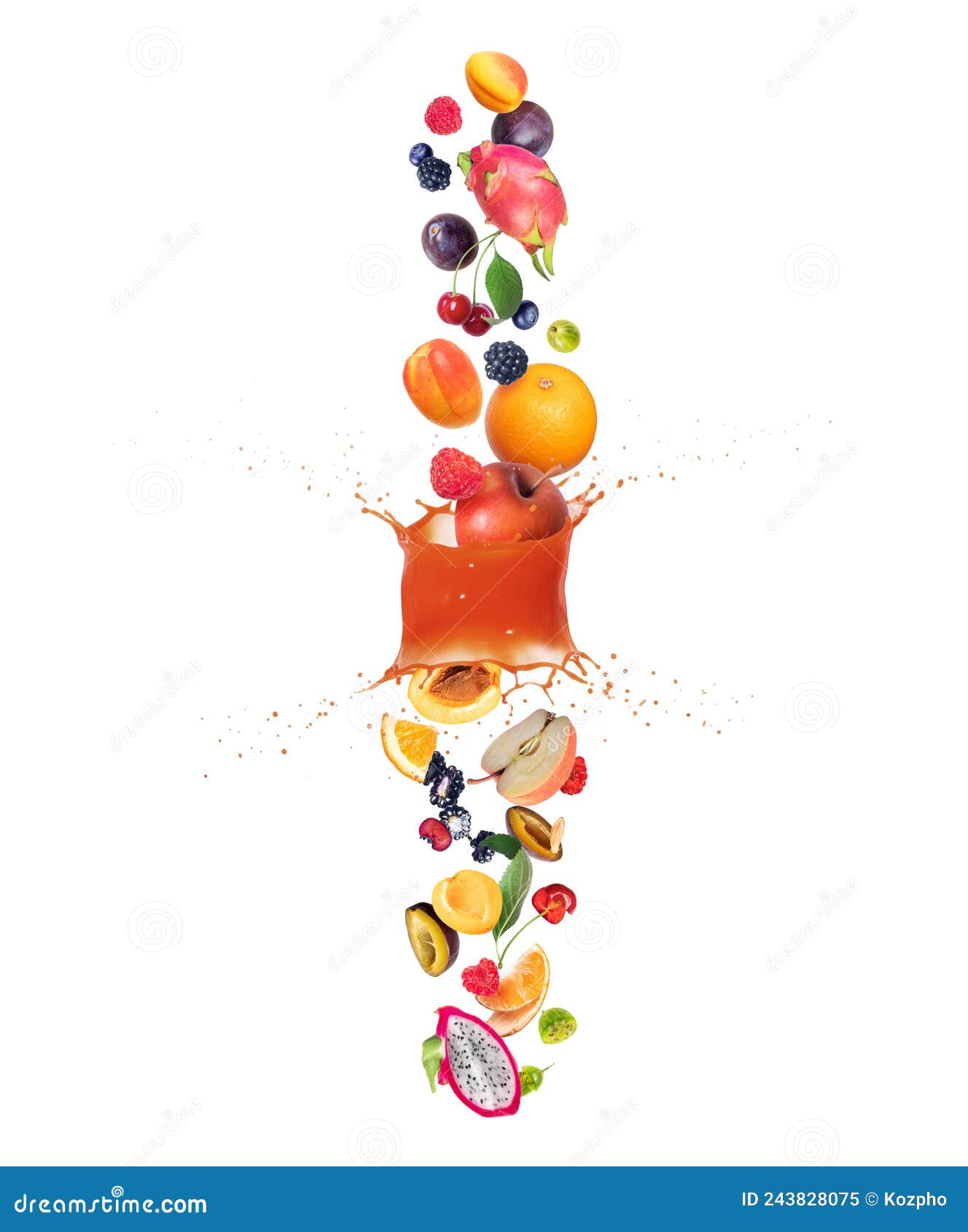 Different Fruits and Berries are Falling Down through Splashes of Juice ...