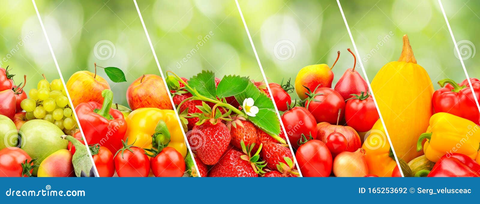 Different Fruits and Vegetables Separated Sloping Lines on Green ...